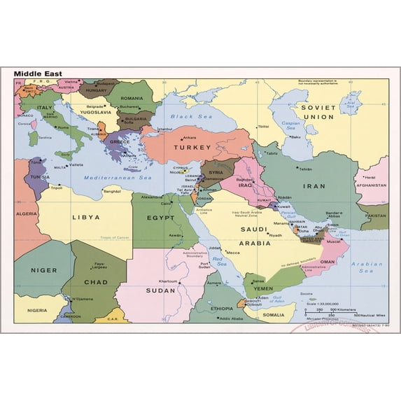 24"x36" Gallery Poster, cia map of Middle East iraq iran israel 1990 p1 ...