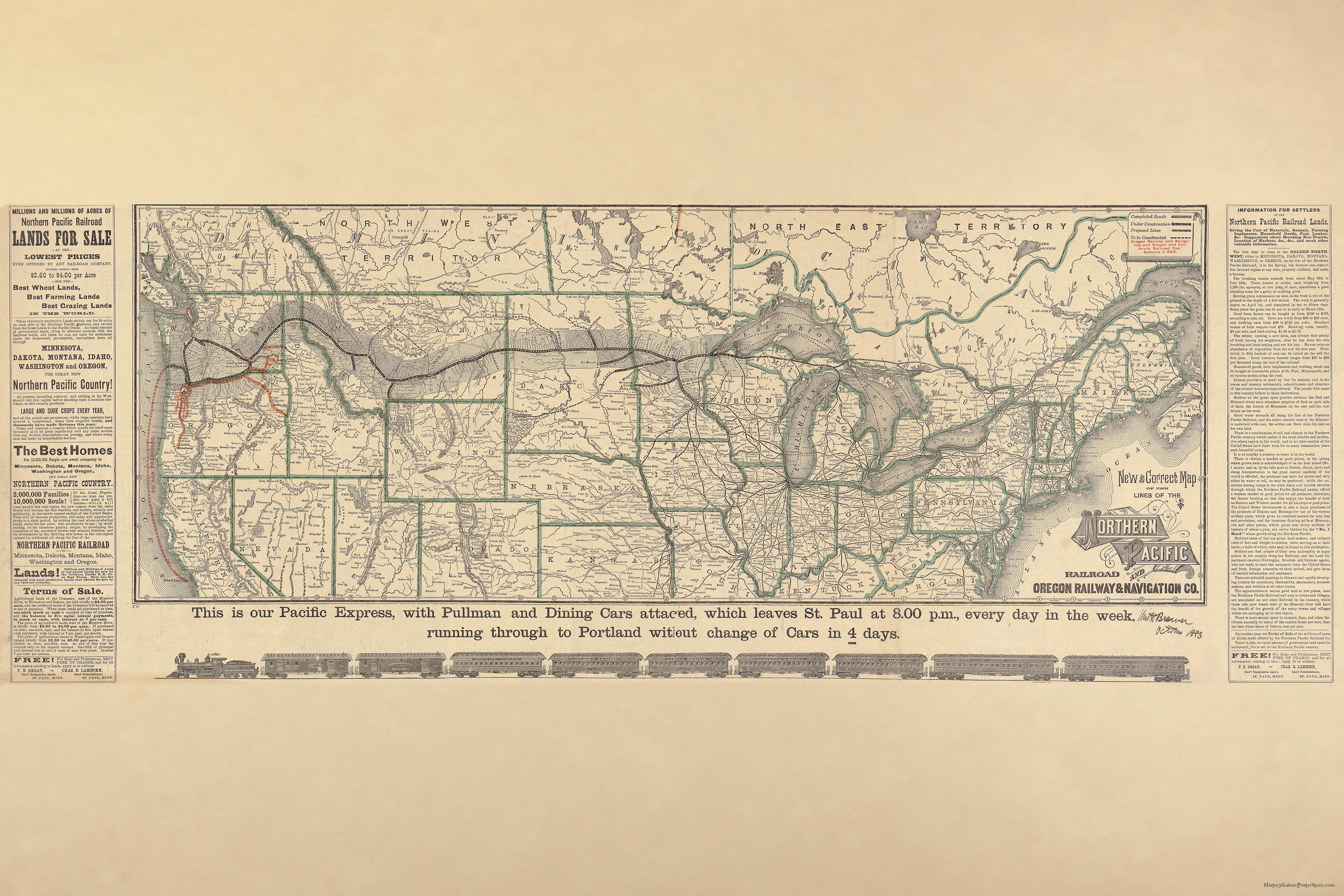 24"x36" Gallery Poster, map Northern Pacific Railroad Oregon Railway ...