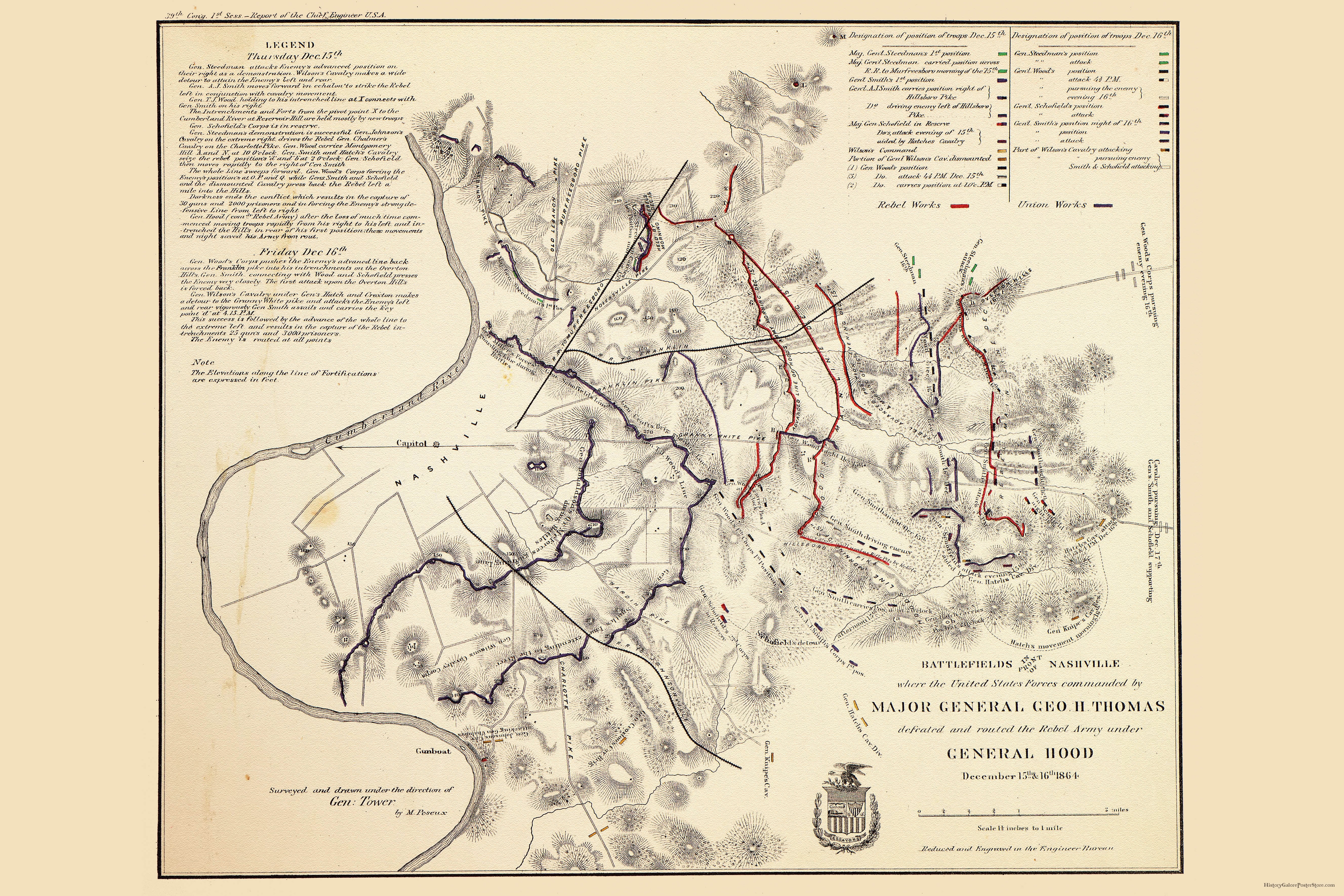 24"x36" Gallery Poster, map of Battle fields Nashville Tennessee Dec ...