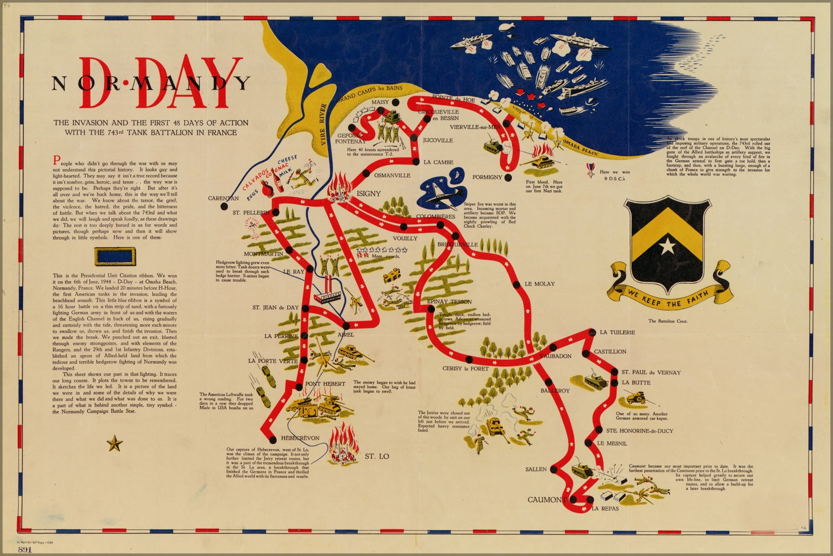24"x36" Gallery Poster, map of D-day Normandy France 743rd tank ...