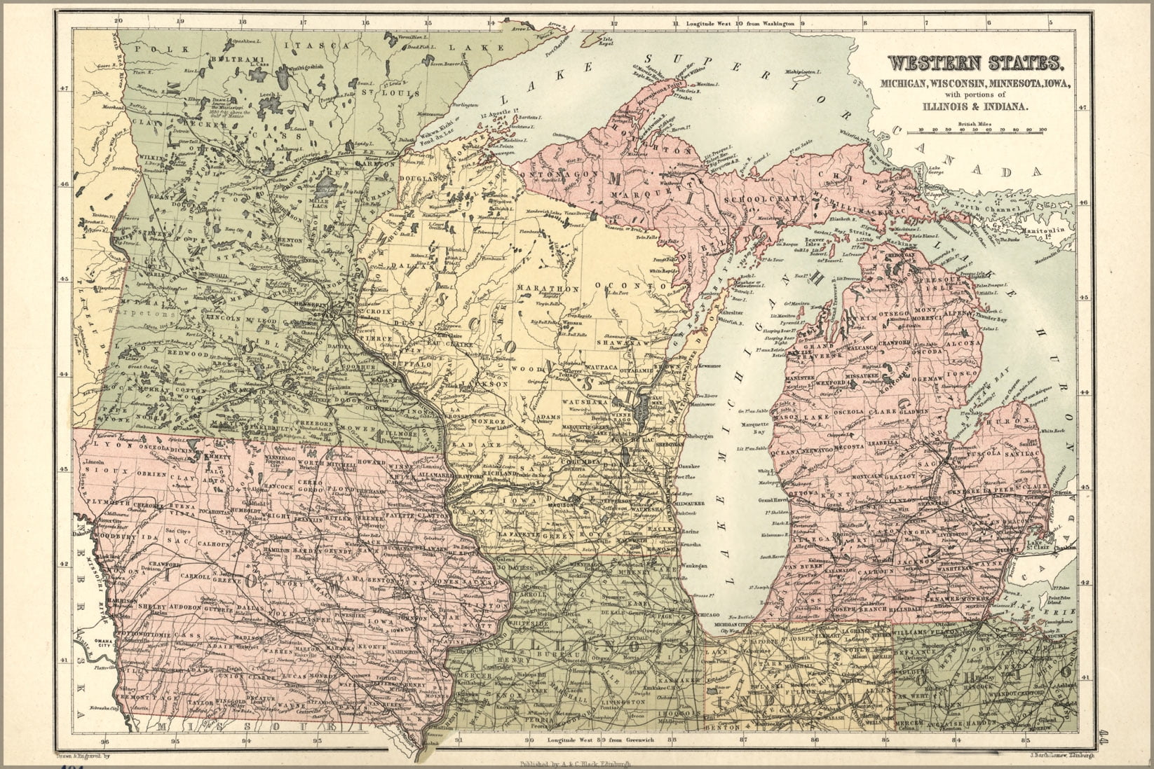 24"x36" Gallery Poster, map of Michigan, Wisconsin, Minnesota, Iowa ...