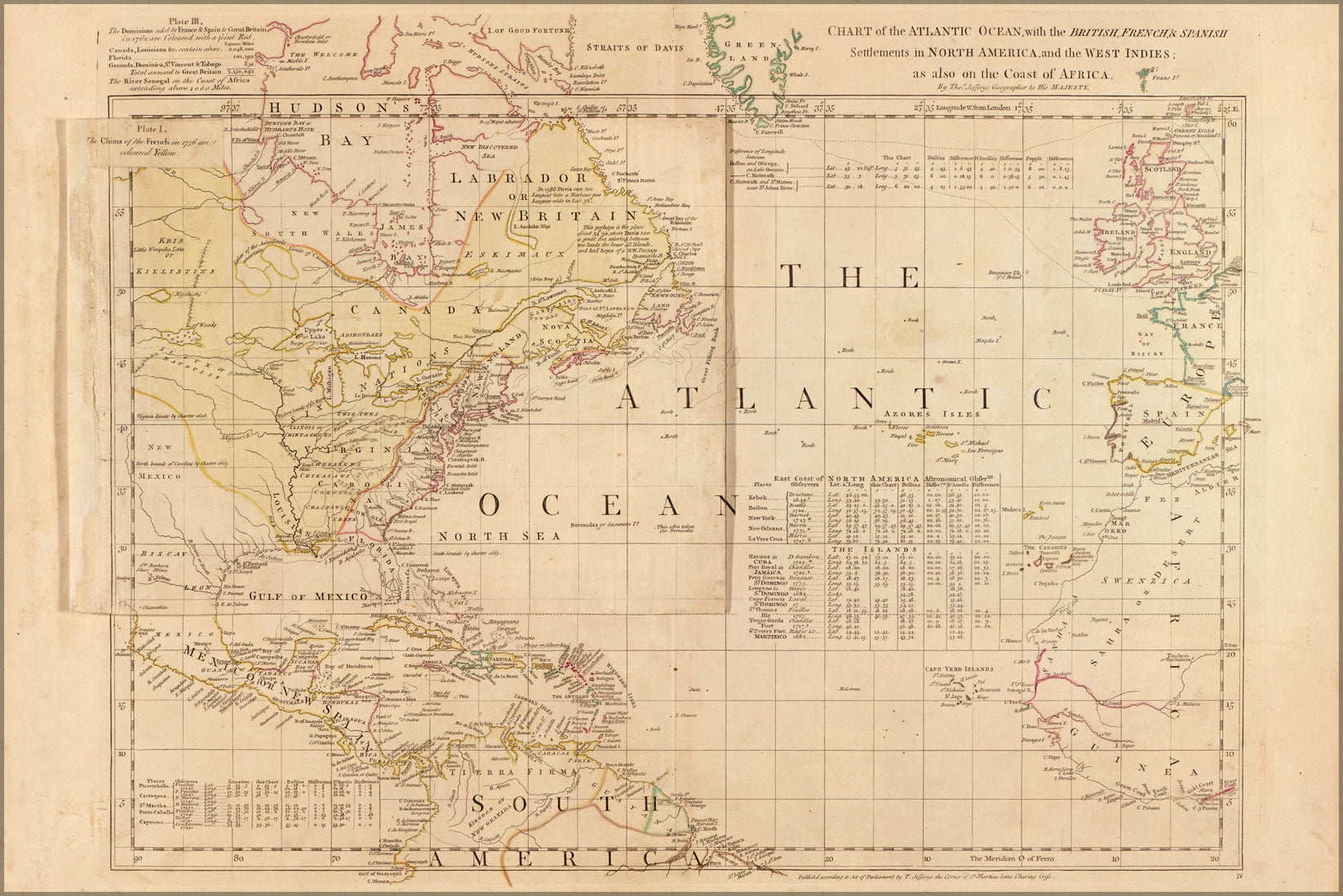 24"x36" Gallery Poster, map of atlantic ocean america West Indies 1768 ...