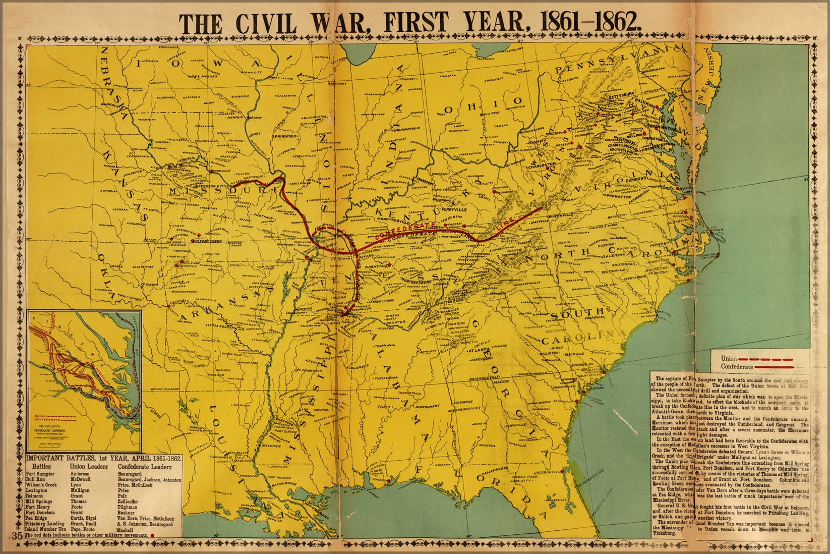 24"x36" Gallery Poster, map of civil war first year 1861-1862 pub 1919 ...