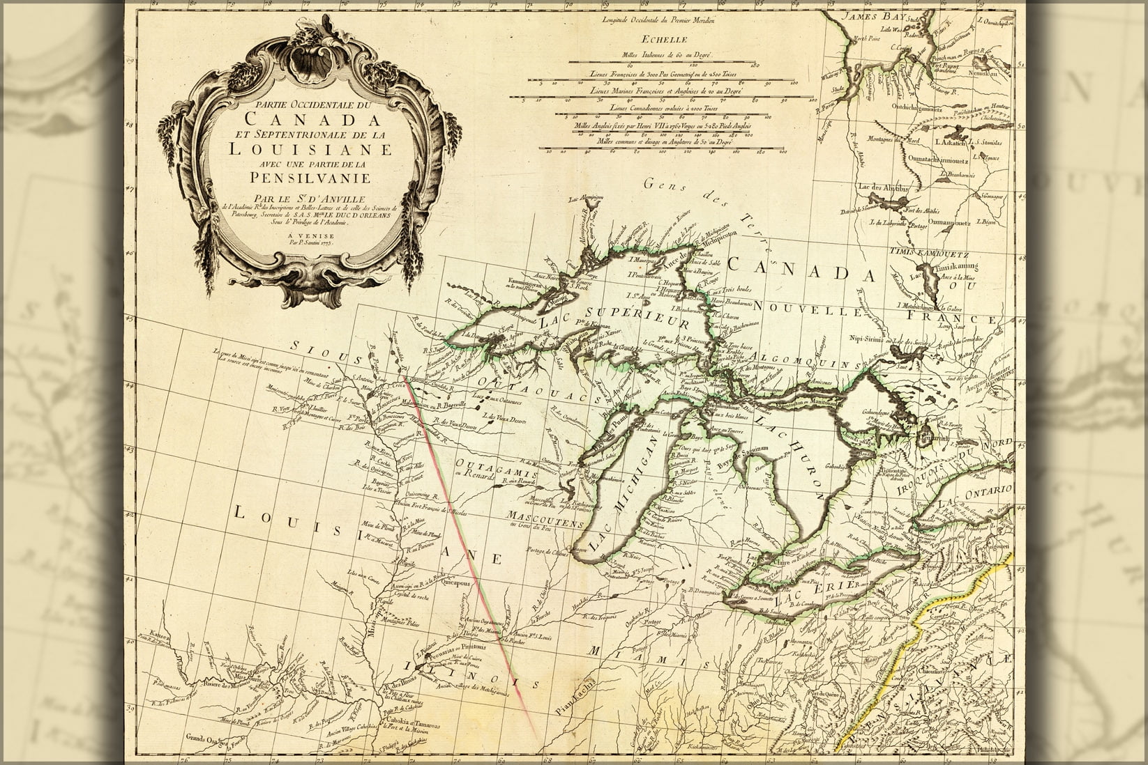 24"x36" Gallery Poster, map of michigan great lakes 1775 in french ...