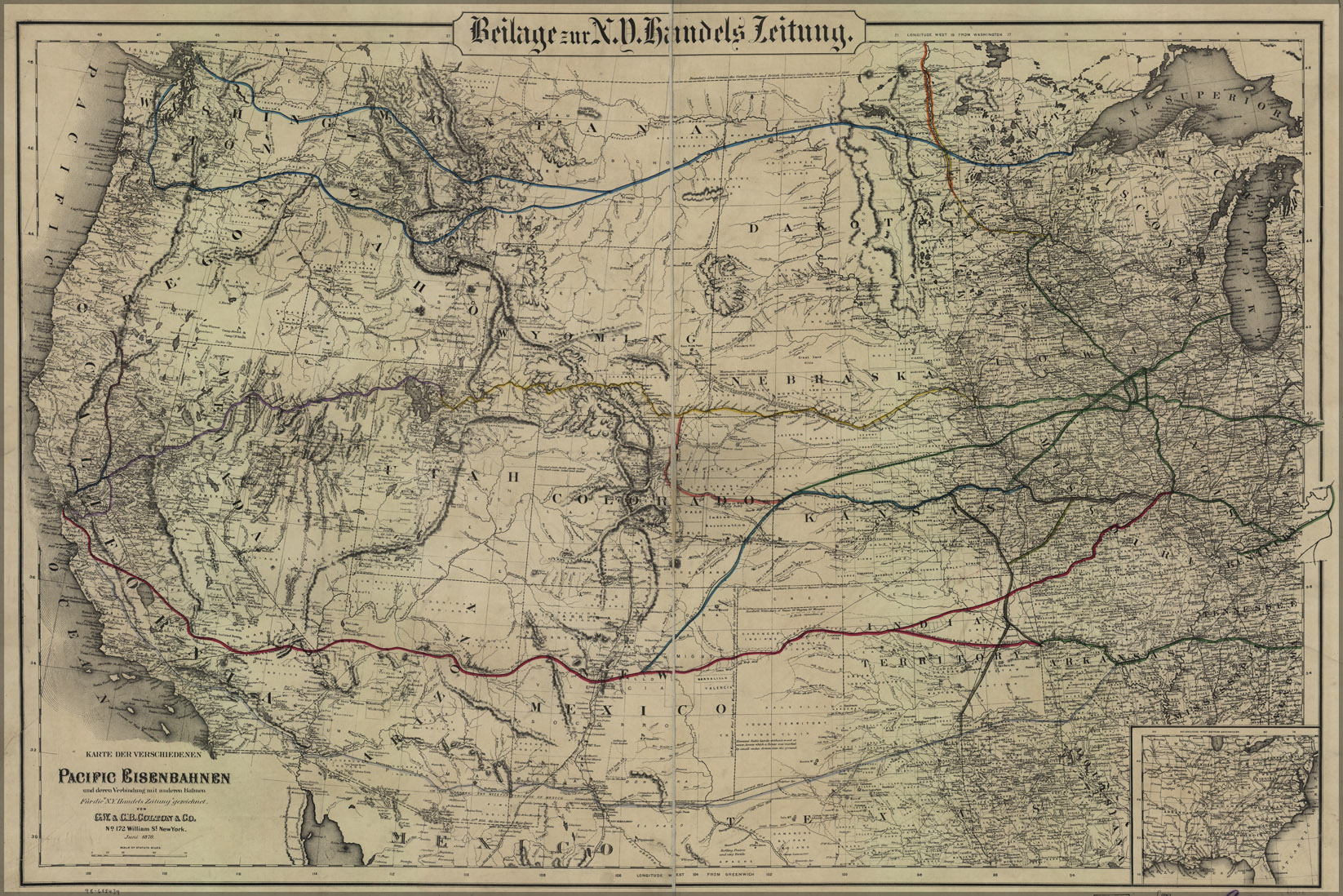24"x36" Gallery Poster, railroad map western united states 1870 in ...