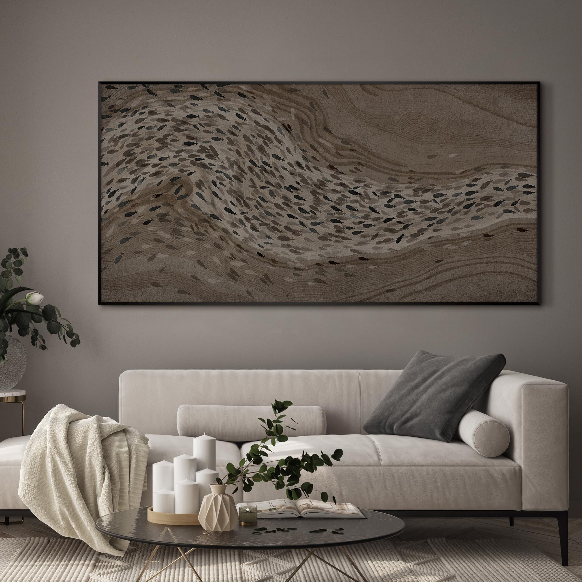 24"x46" Extra Large Framed Wall Art Abstract Earth Tones Bison Migration African Animal ...