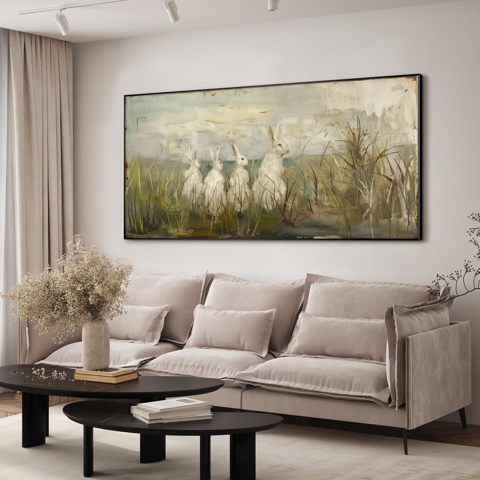 24"x46" XL Framed Wall Art - White Rabbits in Meadow Whimsical Nature ...