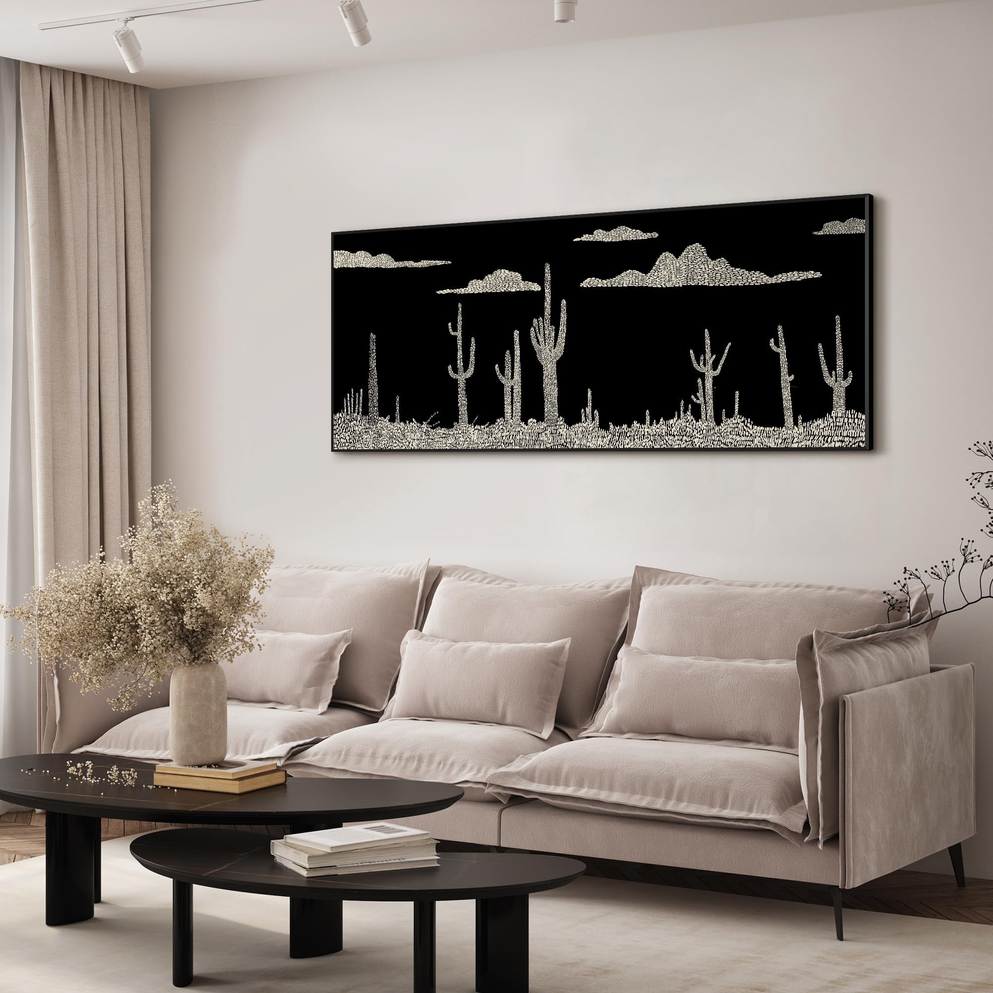 24"x60" XL Framed Wall Art - Desert Cactus Landscape Cacti and Clouds ...