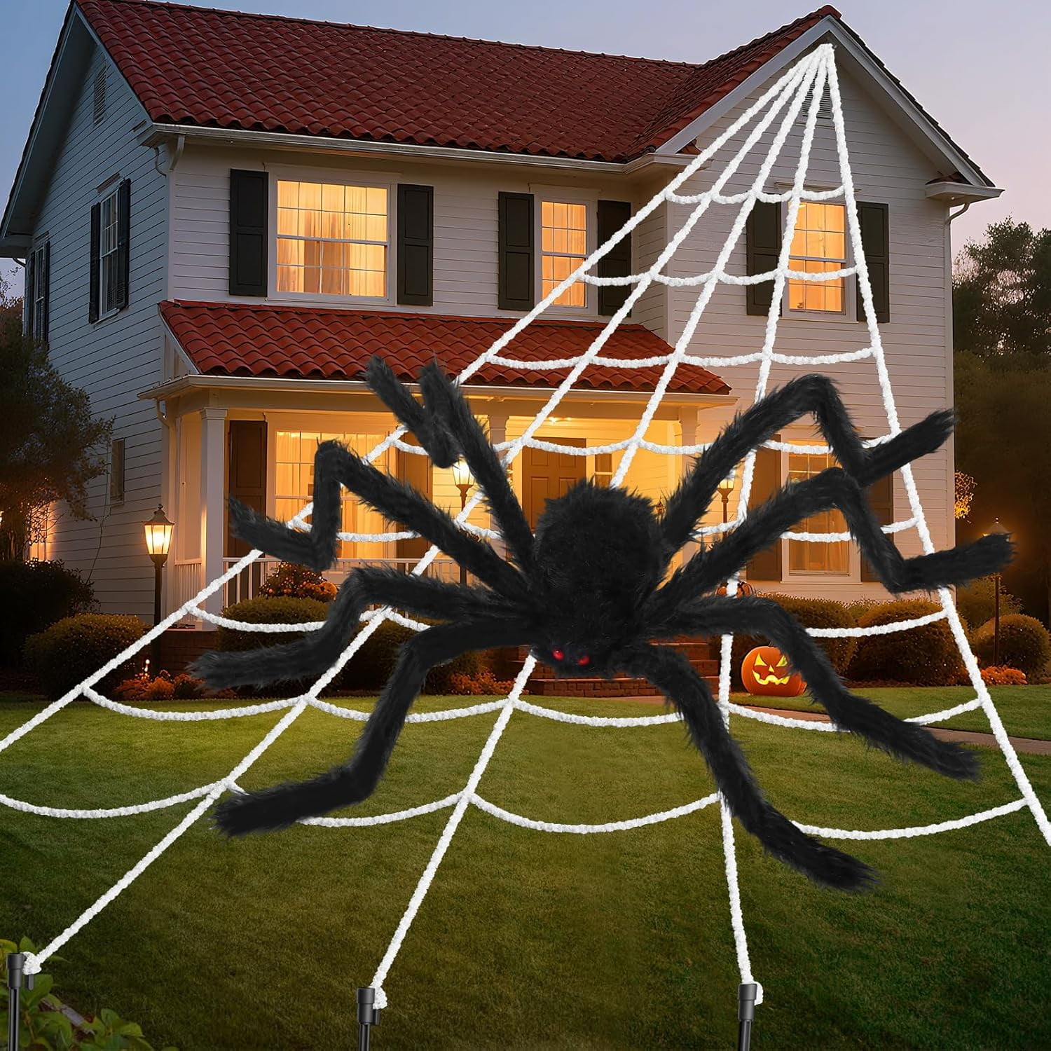 240'' Big Spider Web Halloween Decor+70'' Huge Spider for Roof with ...