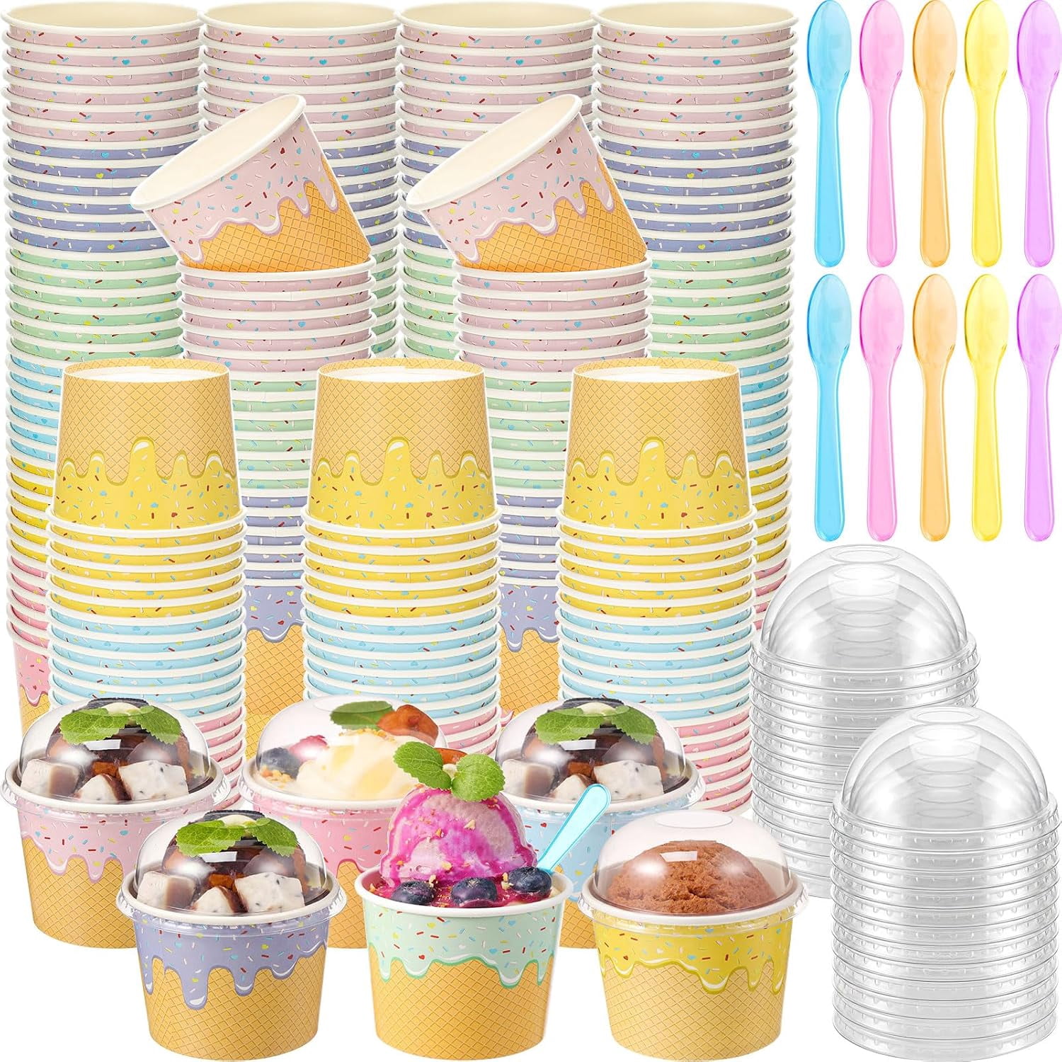 240 Count 6 Ounce Disposable Ice Cream Paper Cups with Lids and Spoons ...