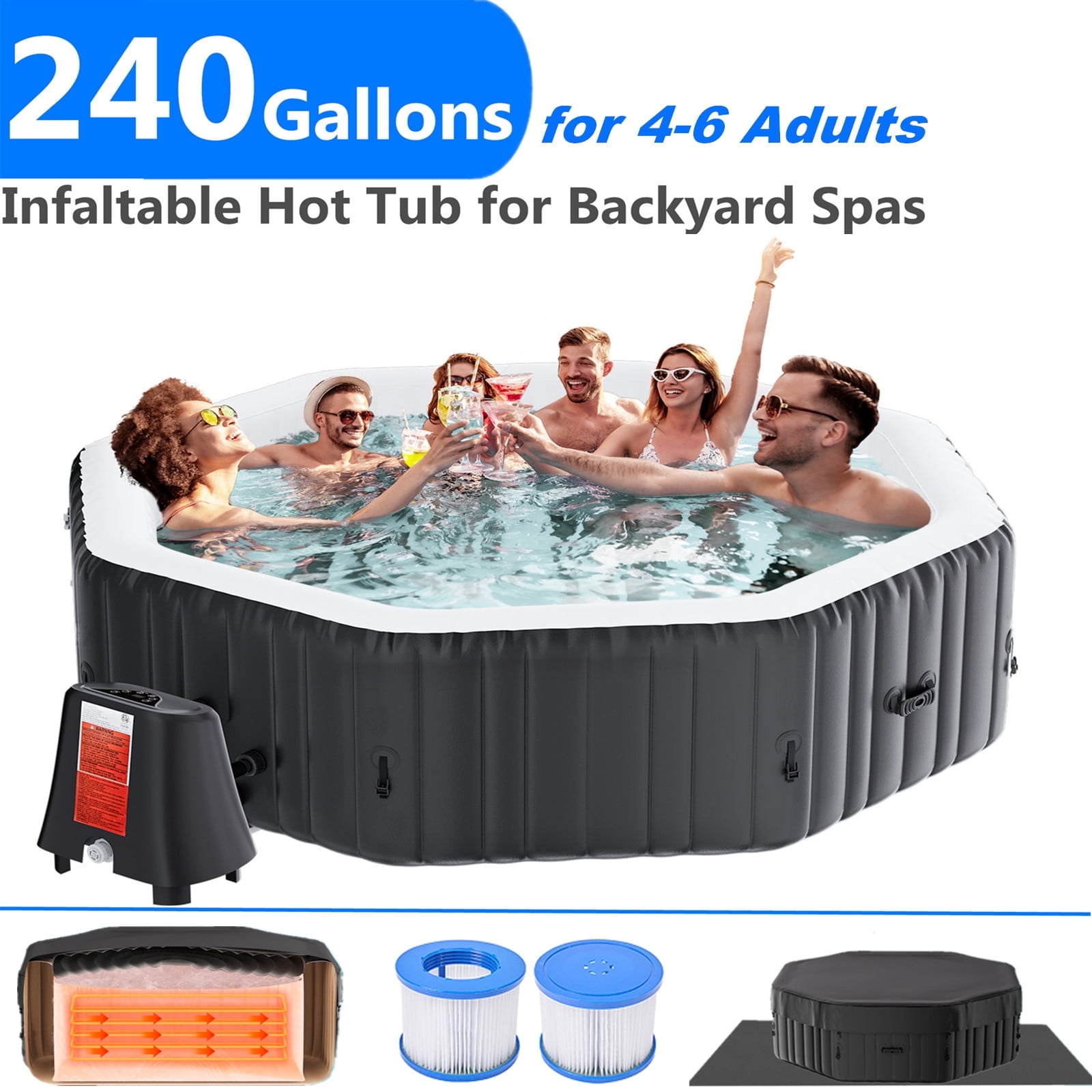 240 Gallon Inflatable Hot Tub 6 Person Polygon with Control Panel ...