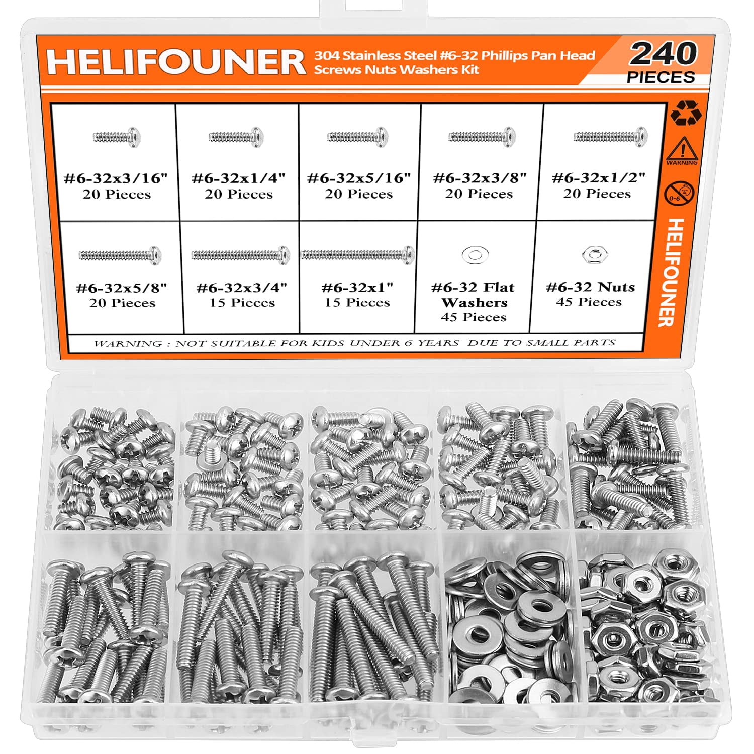 240 Pieces #6-32 Phillips Pan Head Machine Screws Nuts Washers ...