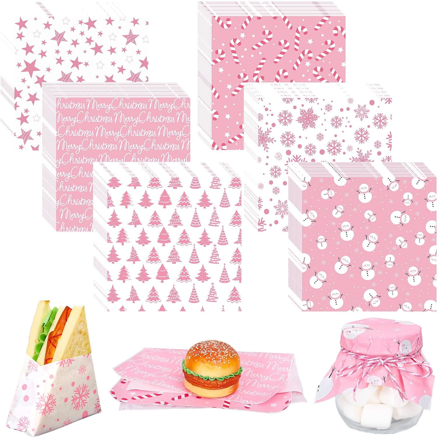 240 Sheet Christmas Wax Paper 6 Styles Pink Xmas Tree Snowflake Snowman ...