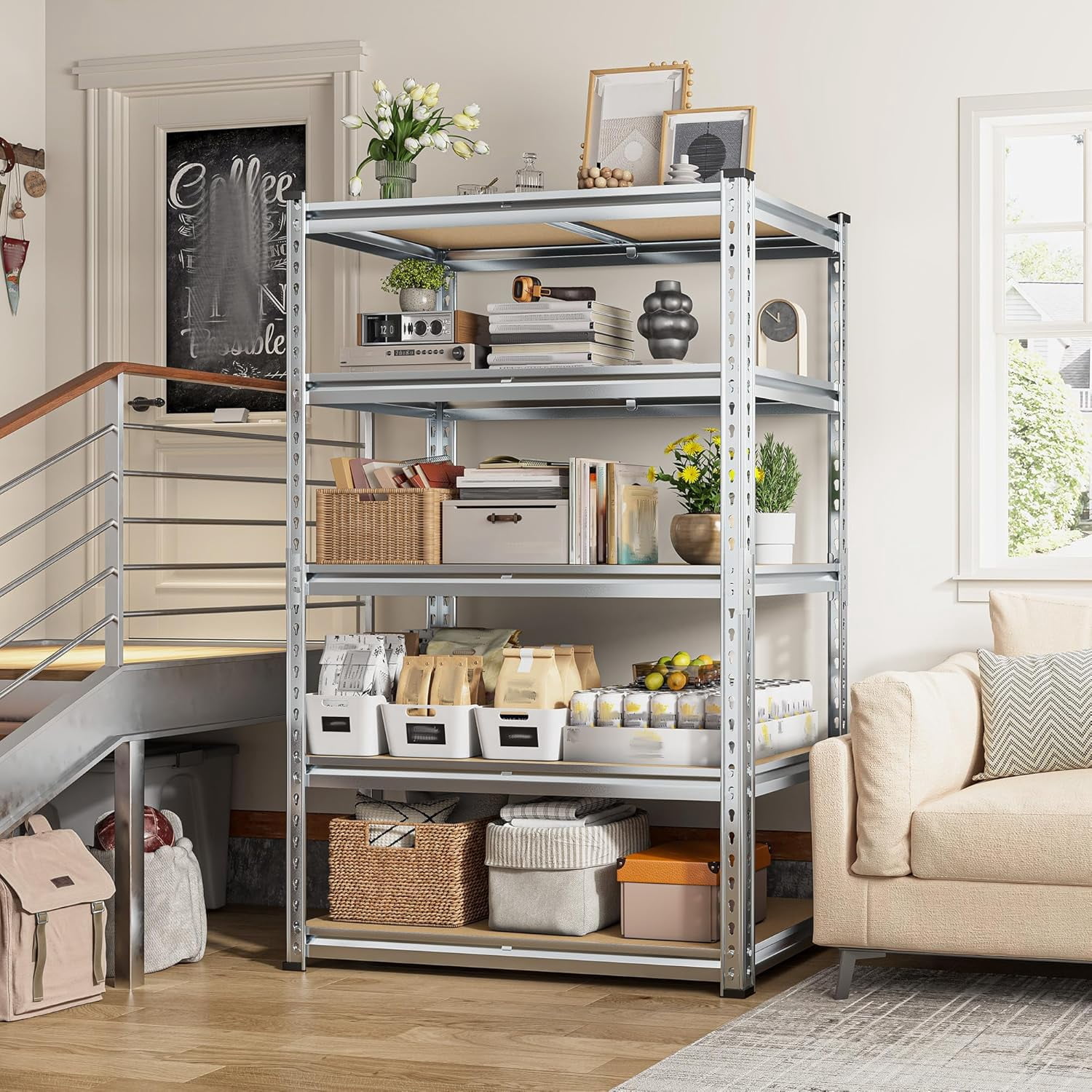 2400LBS Storage Shelves 5 Tier Garage Shelving Heavy Duty Adjustable ...
