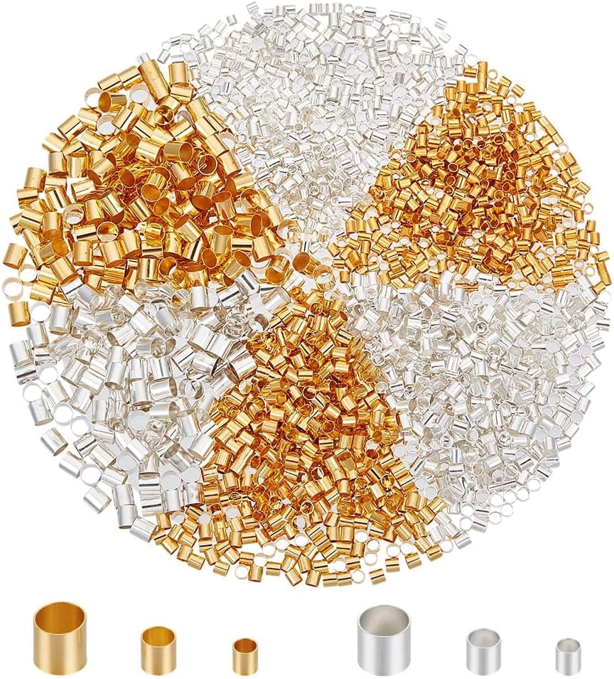 2400Pcs 6 Style Crimp Tube Beads Golden Silver Brass Crimp Beads Tube ...