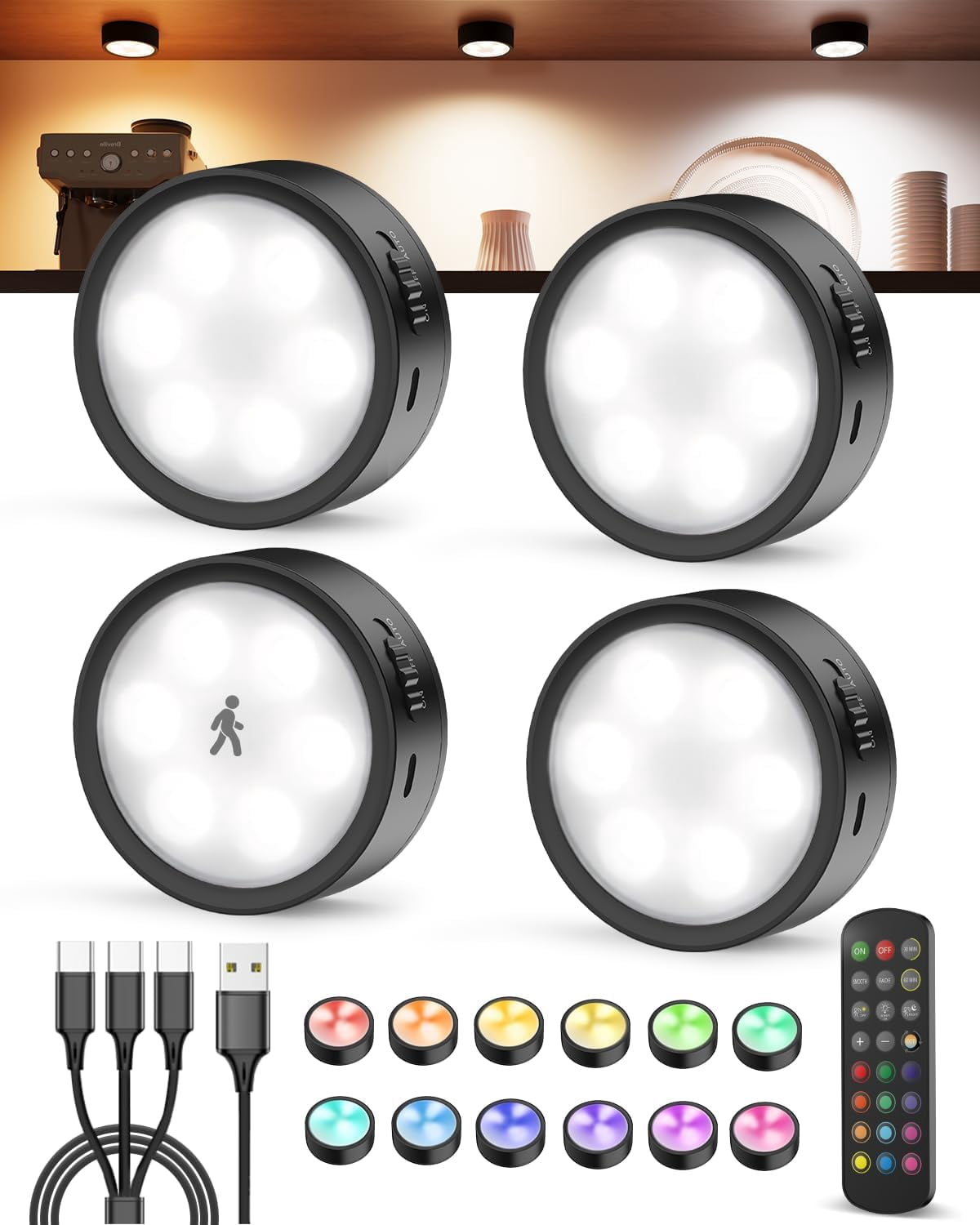 2400mAh Rechargeable Puck Lights with Remote, Radar Motion Sensor ...