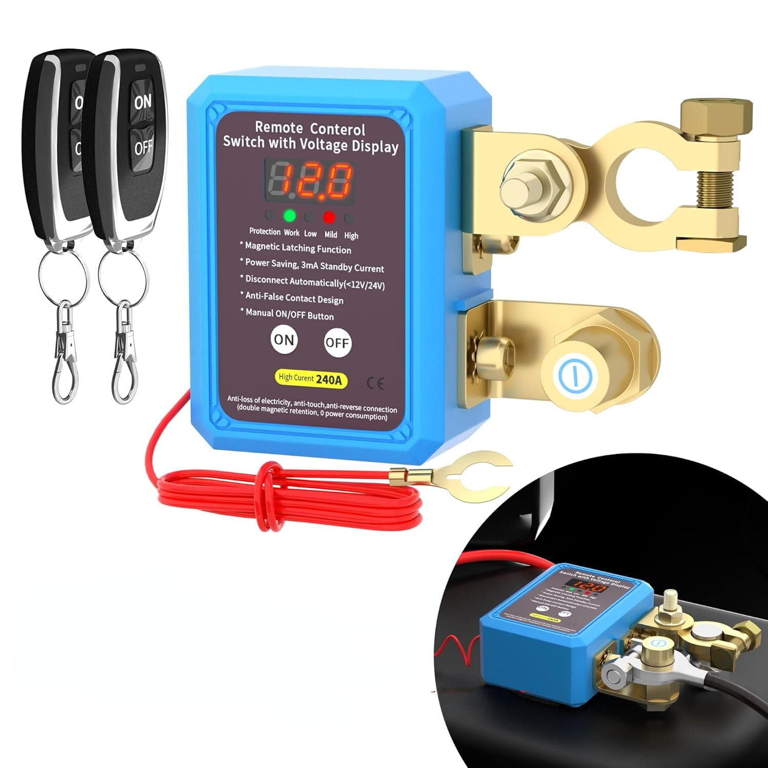 240A Kill Switch 12V Remote Battery Disconnect Switch with Led Voltage ...