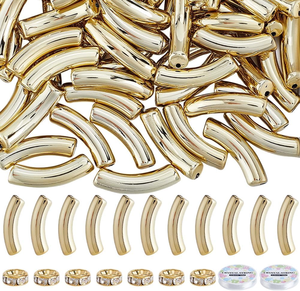 240Pcs Gold Curved Tube Beads Bamboo Beads Tube Acrylic Opaque Noodle ...