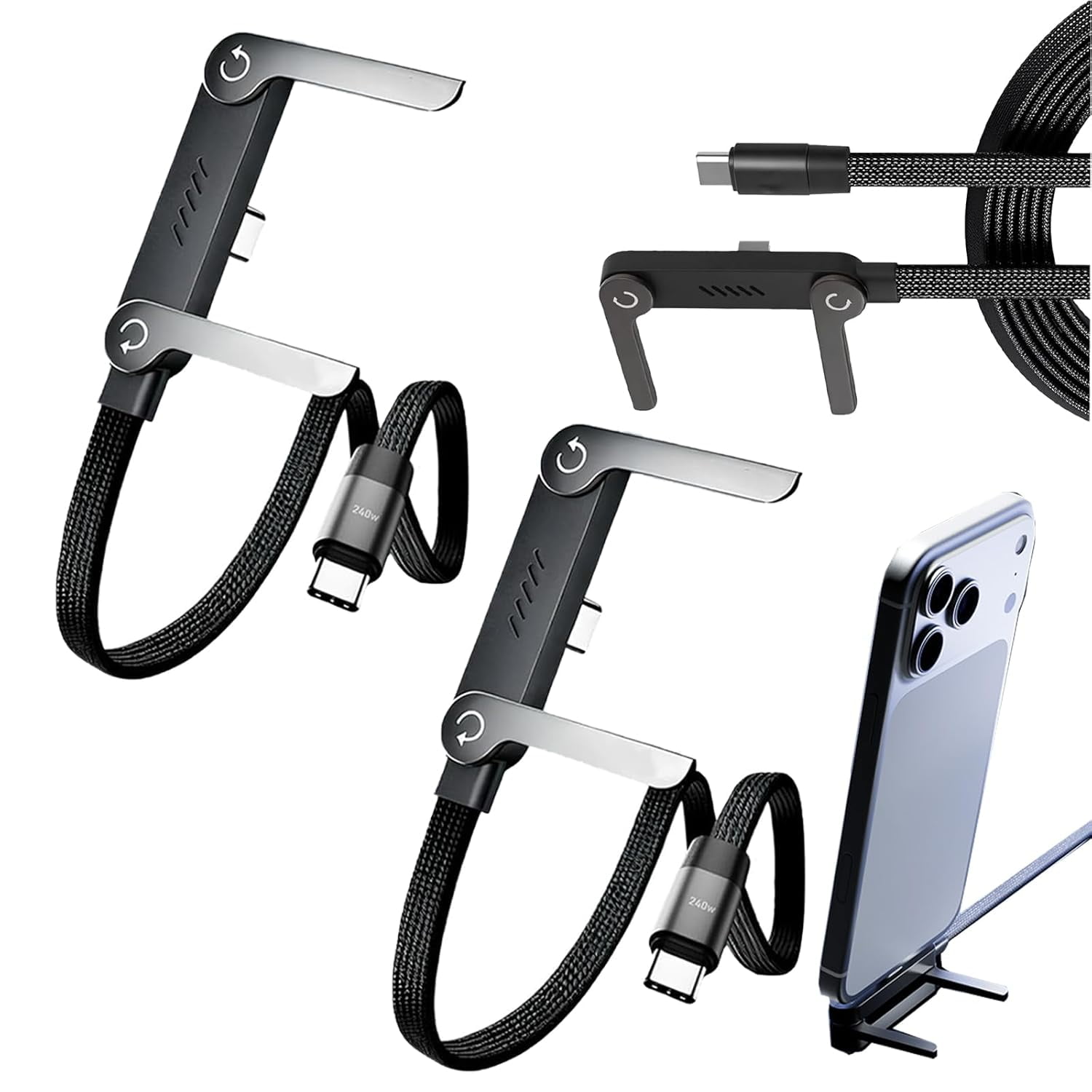 240W Braided Fast Charge Cable with Built-in Phone Stand, 2-in-1 ...