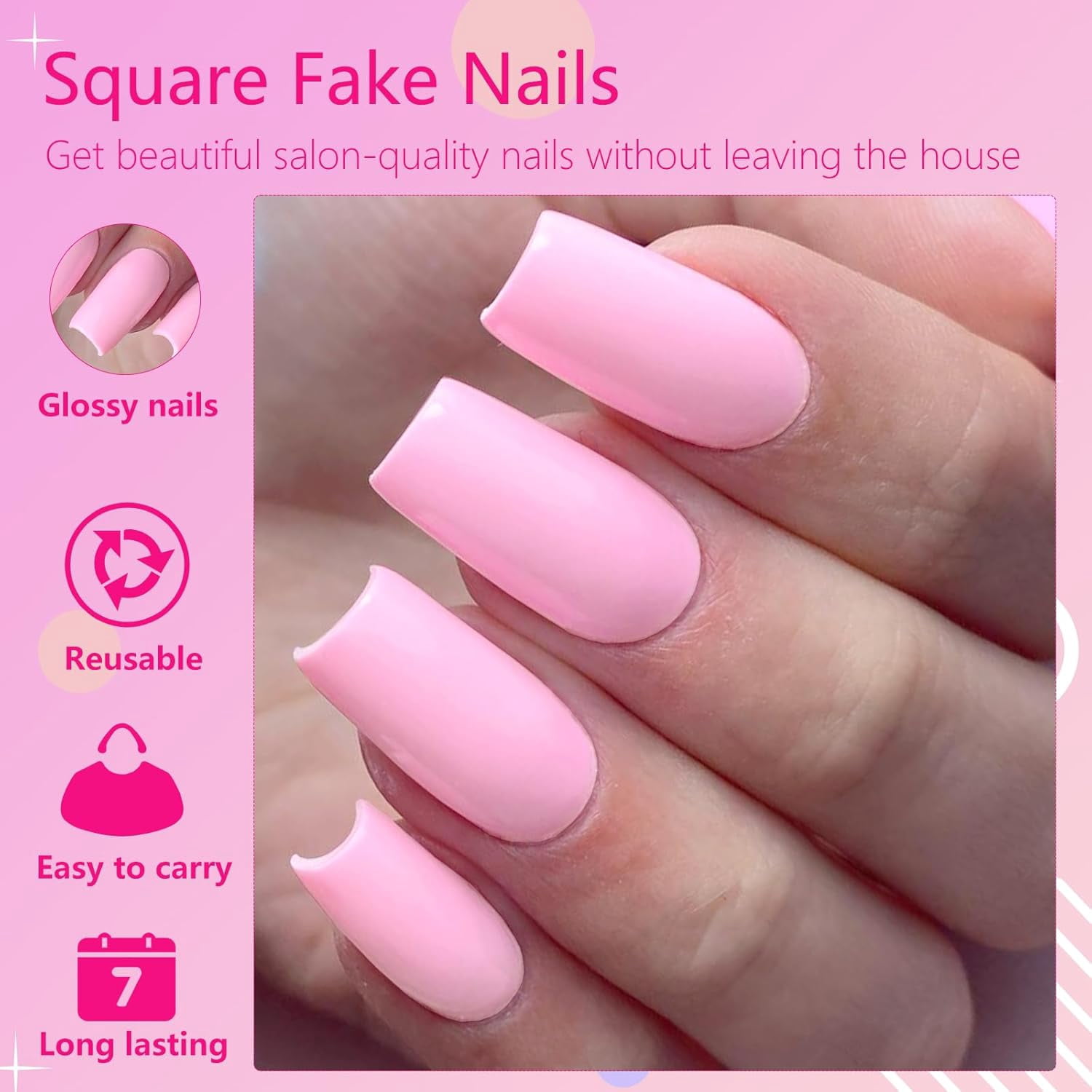 ZHIMEI-240pcs Pink Press on Nails Medium Square Fake Nails, Glossy ...