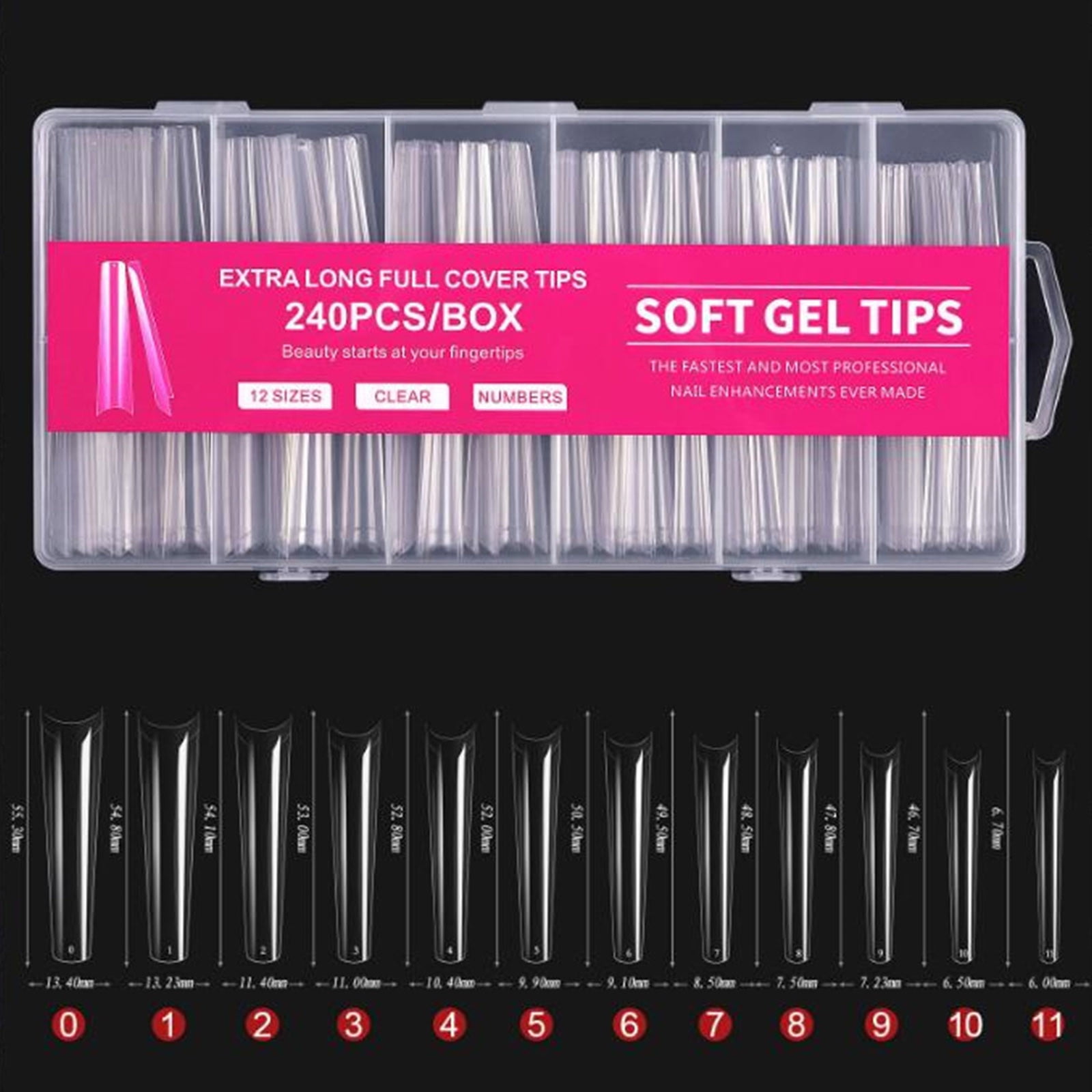 240pcs Super Long False Nails Kit - 12 Sizes Clear Acrylic Tips with ...