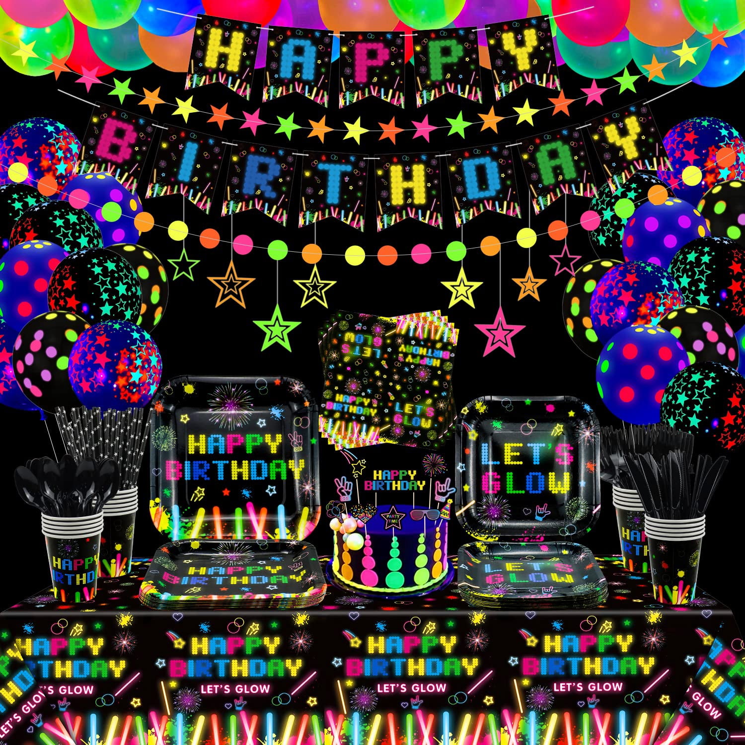 241 PCS Glow Neon MMF7 Party Supplies Neon Glow Tableware Set Neon ...