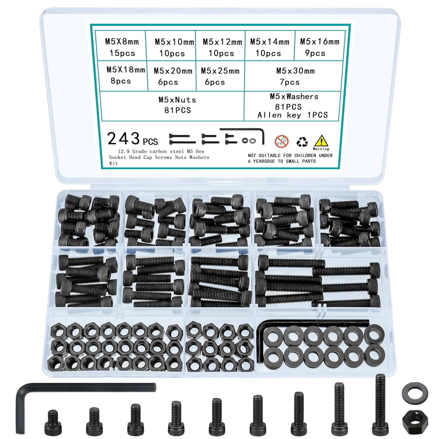 243 Pcs M5 Screws and Nuts, Metric Bolts and Nuts Assortment, Hex ...