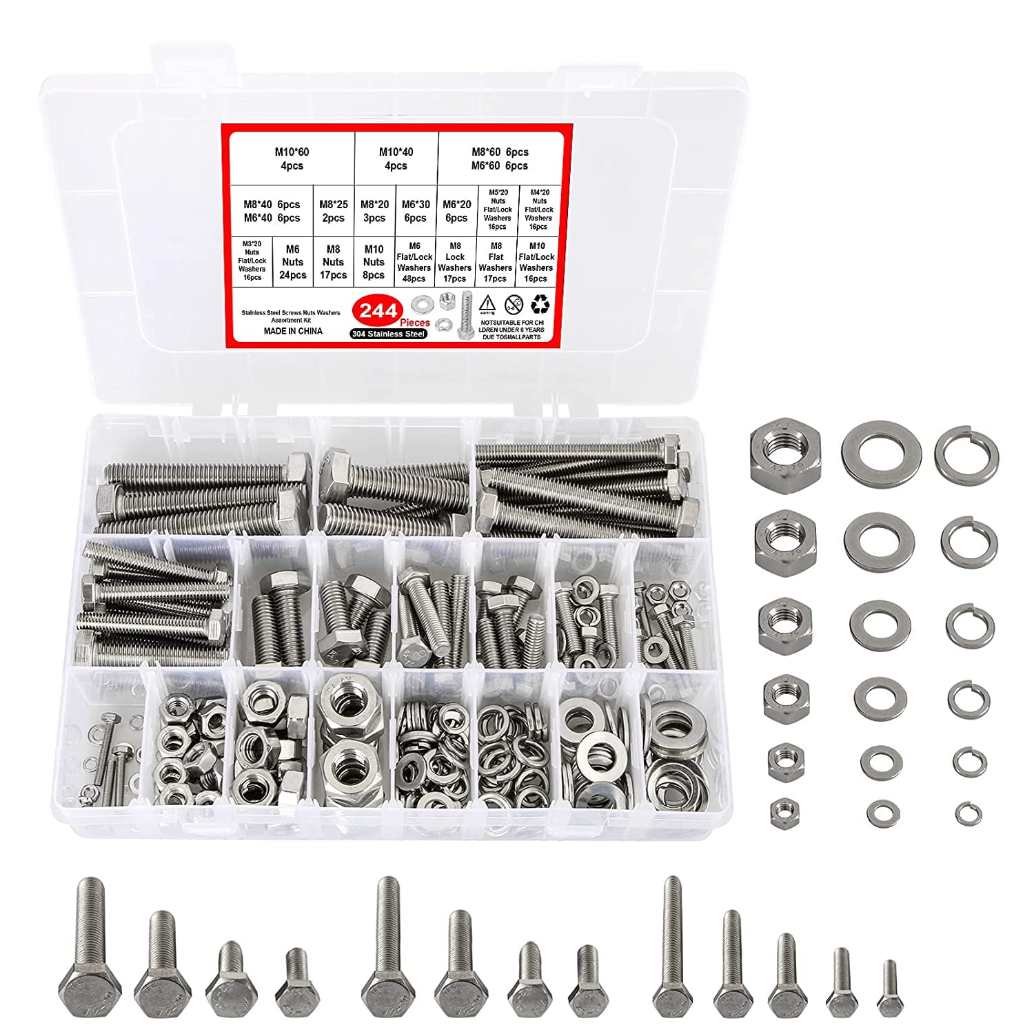 244PCS Metric Flat Hex Bolts and Nuts kit, M3/M4/M5/M6/ M8/M10 Nuts and ...