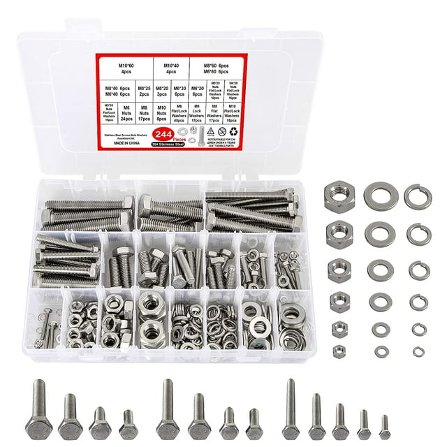 244PCS Metric Flat Hex Bolts and Nuts kit, M3/M4/M5/M6/ M8/M10 Nuts and ...