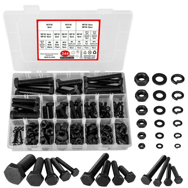 244Pcs Black Flat Head Screws Metric Bolt and Screw Assortment with Lock and Flat Gasket Washers ...