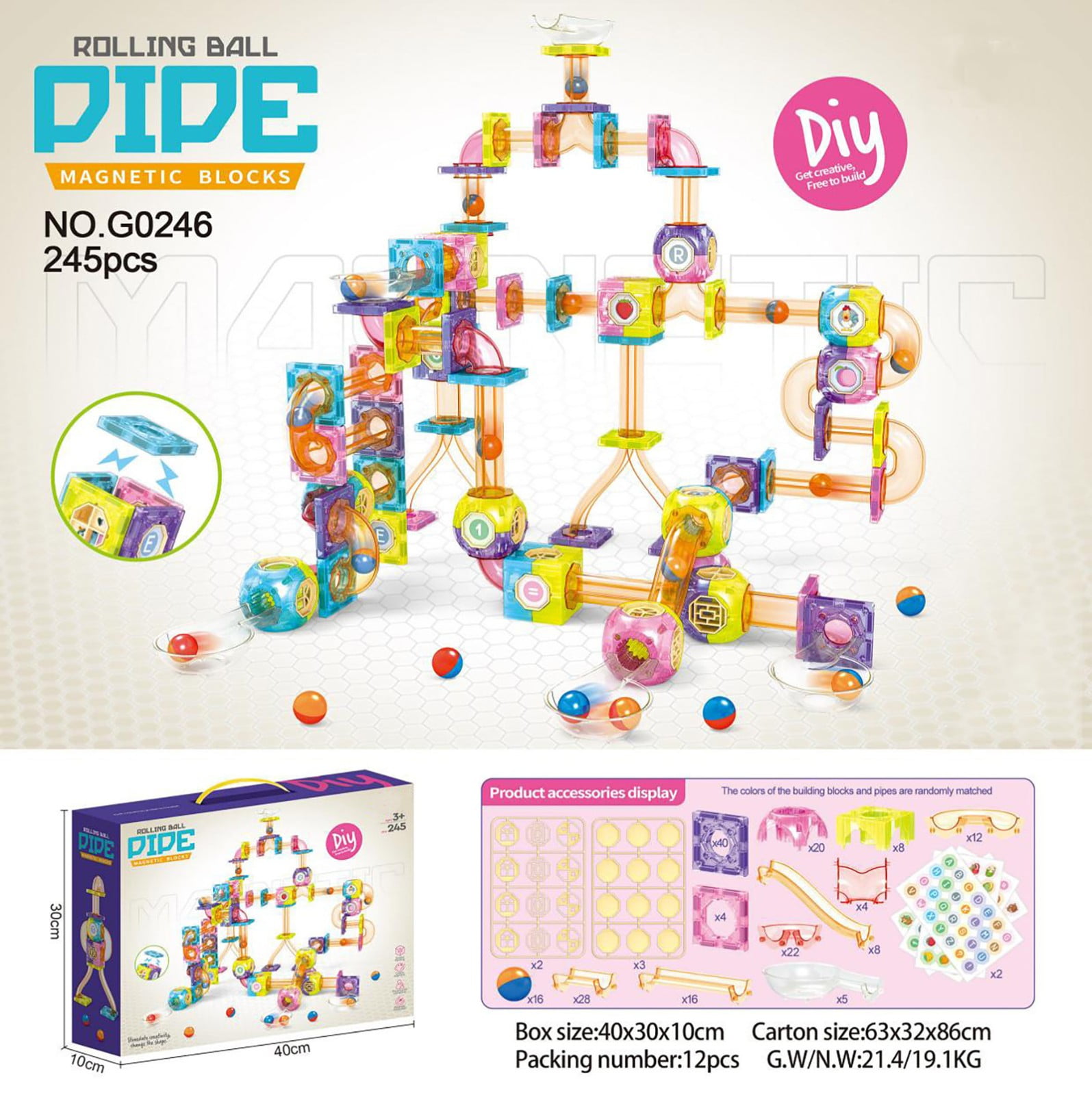 245 PCs Marble Run Maze Race Track Magnetic Tiles Magnet Building Block ...