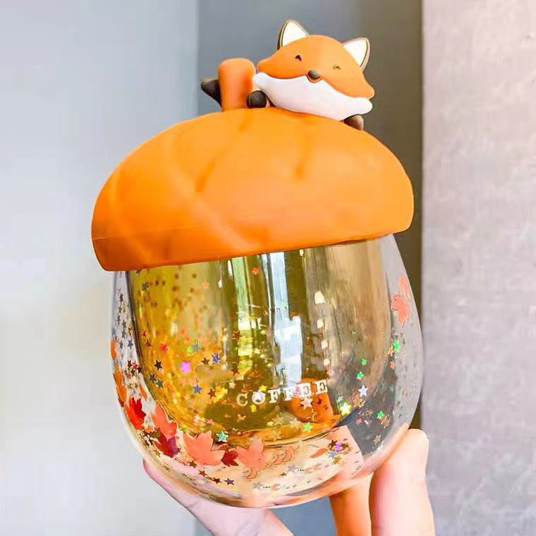 245ml New Autumn Maple Leaf Acorn Cute Fox Double Sequined Glass Coffee ...