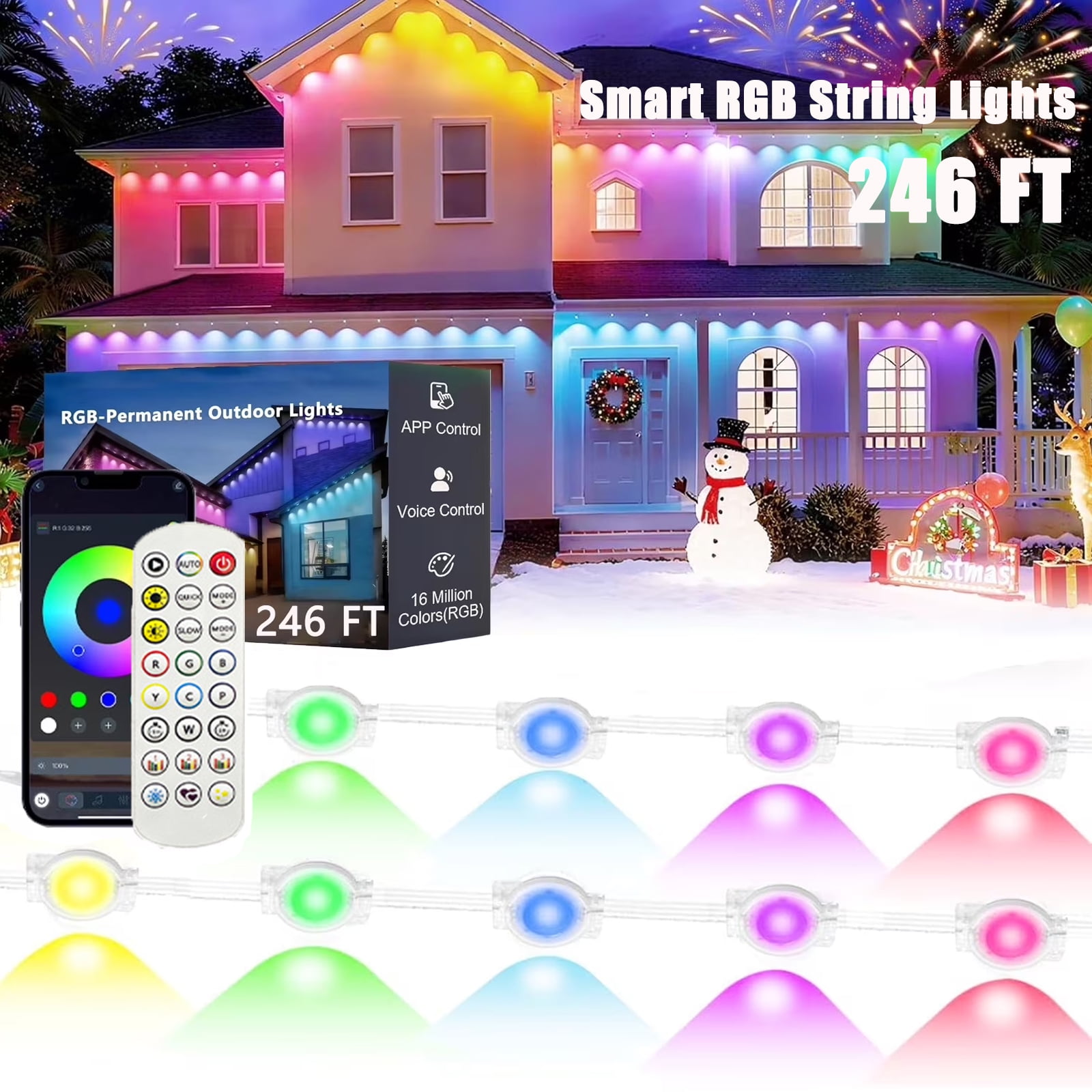 246FT Permanent Outdoor RGB Lights, 125 LEDs IP67 Waterproof Smart RGB ...