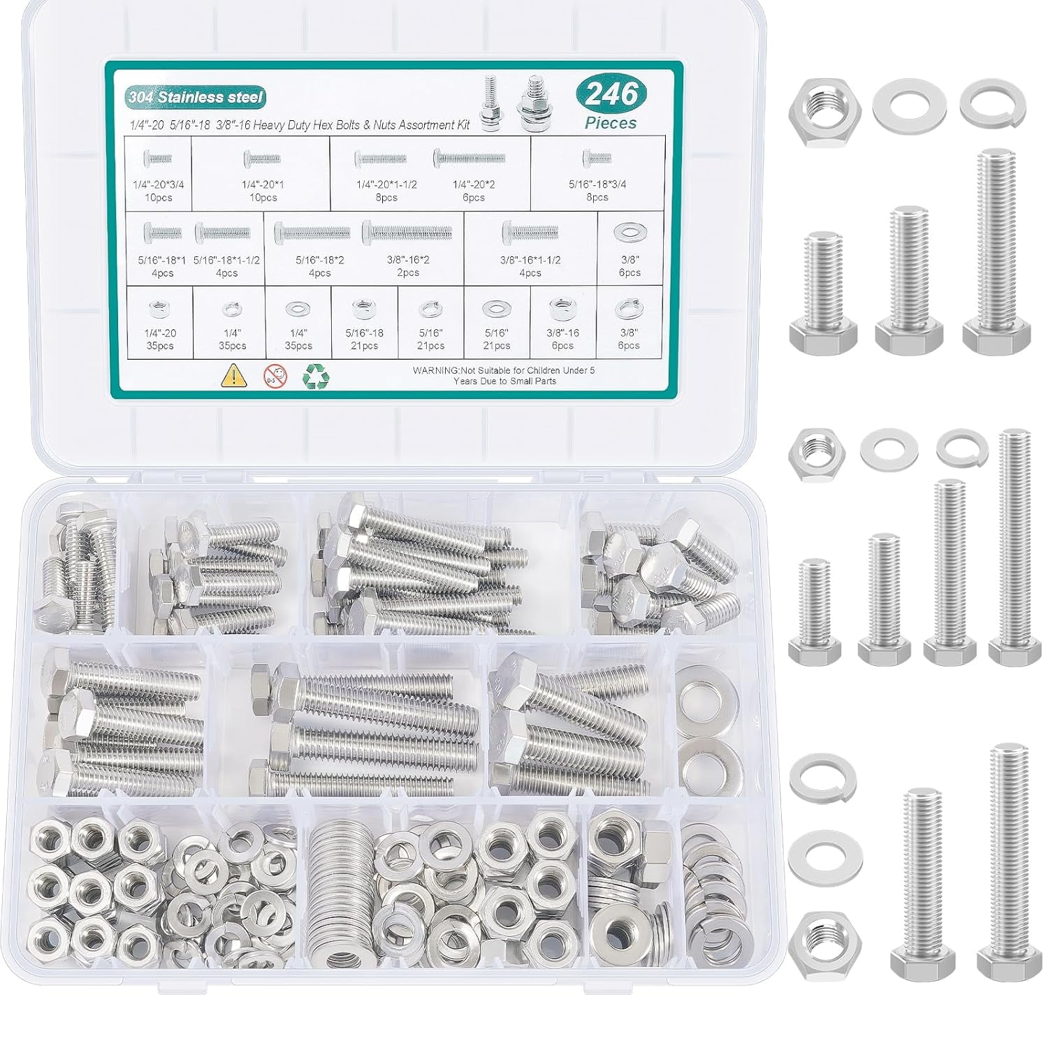 246PCS Heavy Duty Hex Bolts and Nuts Kit, 1/4-20, 5/16-18,3/8-16 Nuts ...