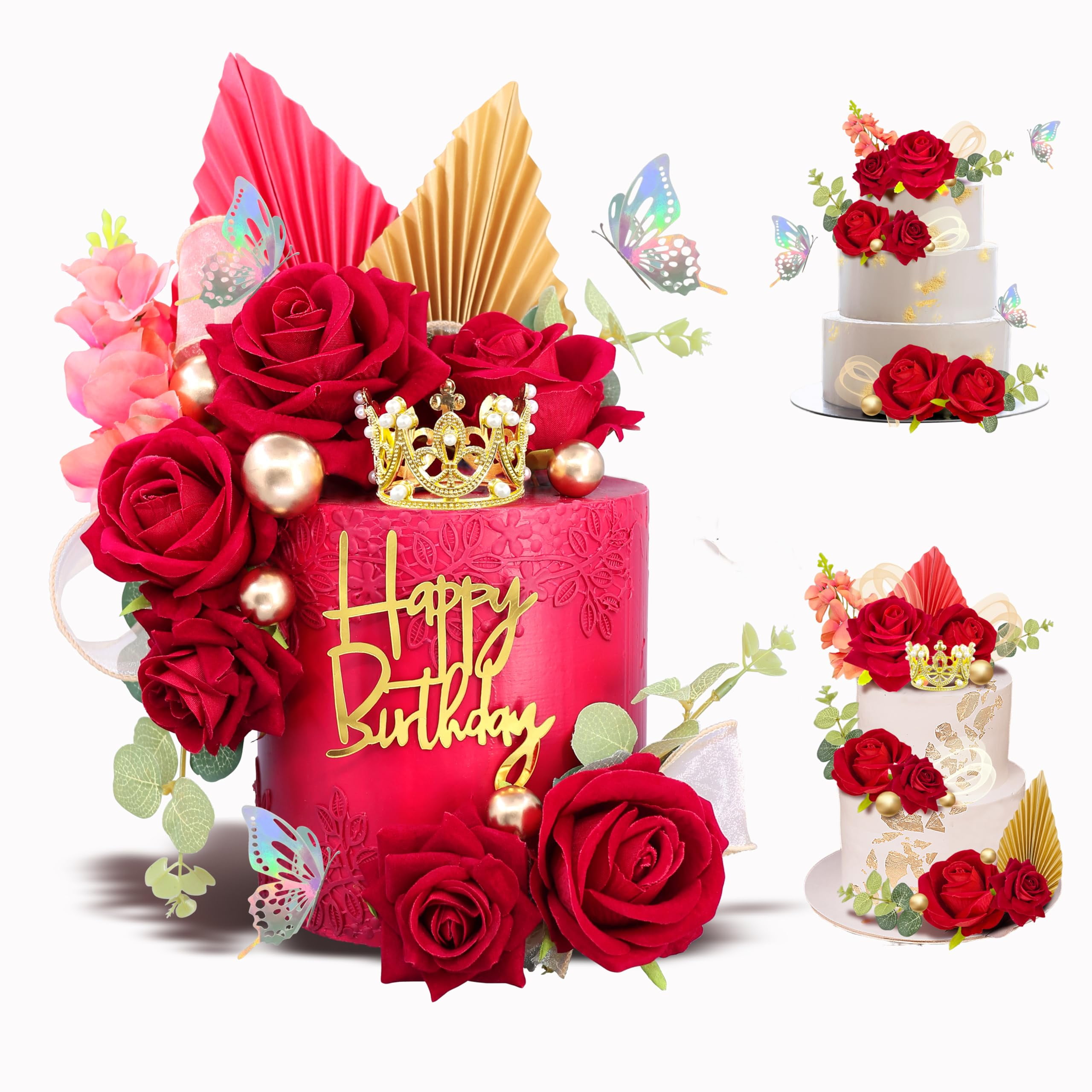 24CS Boho Cake Topper Red Cake MDH1Toppers Palm Leaves Faux Flowers Butterfly Balls Eucalyptus ...