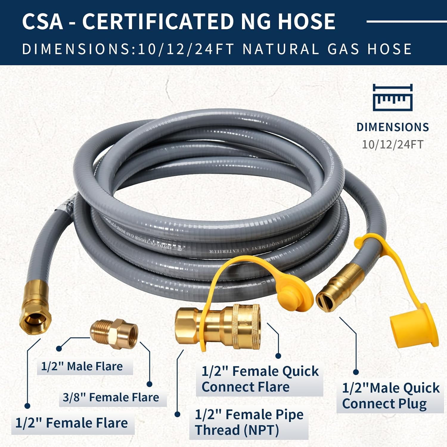 24Feet 1/2 Inch ID Natural Gas Hose with Quick Connect Fitting-Ideal ...