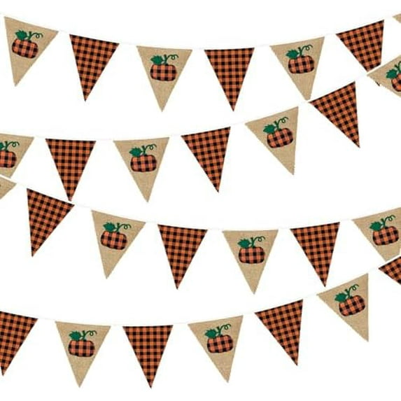 24Ft Burlap Banner - Fall Pumpkin Plaid Pennant Triangle Flag Garland ...