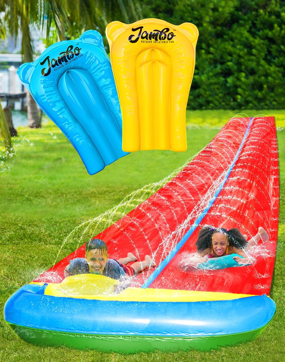 24Ft XL Slip Splash and Slide and 2 Bodyboards, Heavy Duty Lawn Water ...