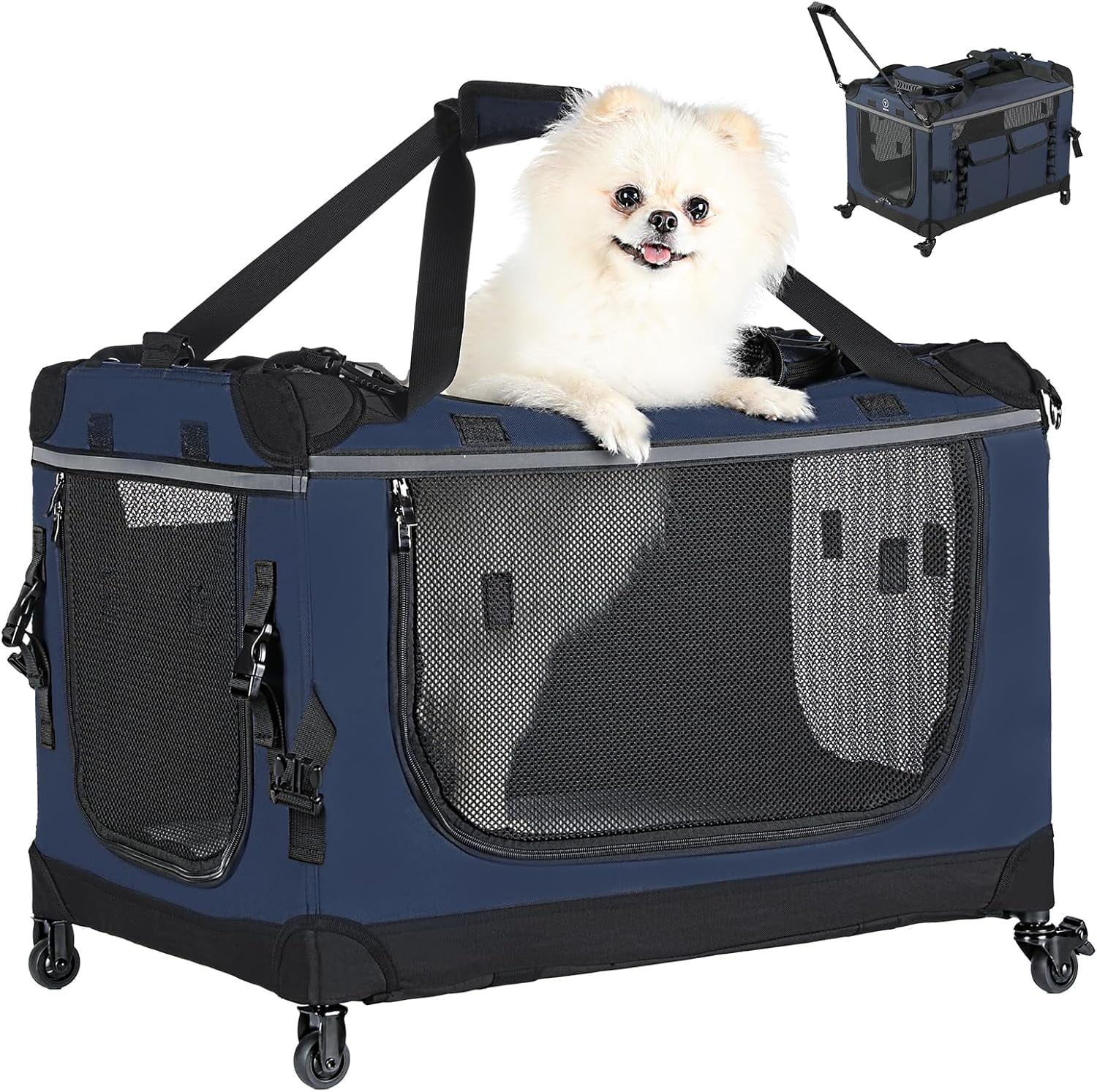 24IN Soft Collapsible Dog Crate w Detachable Wheels, Rolling Travel Dog ...