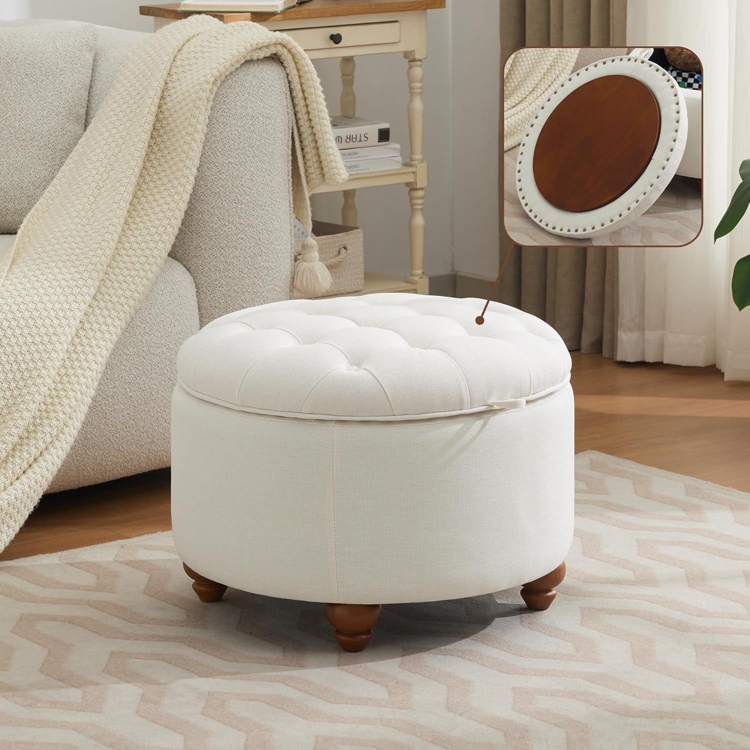 24Inch Round Storage Ottoman with Tray, Modern Tufted Fabric Circle ...