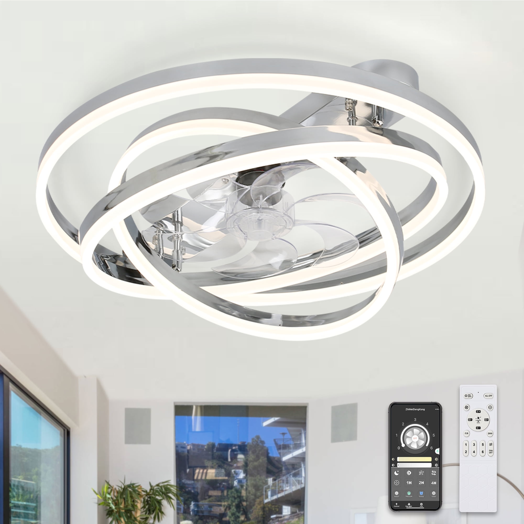 24Inch Silver Indoor Reversible Ceiling Fan with Dimmable LED Light, 6 ...