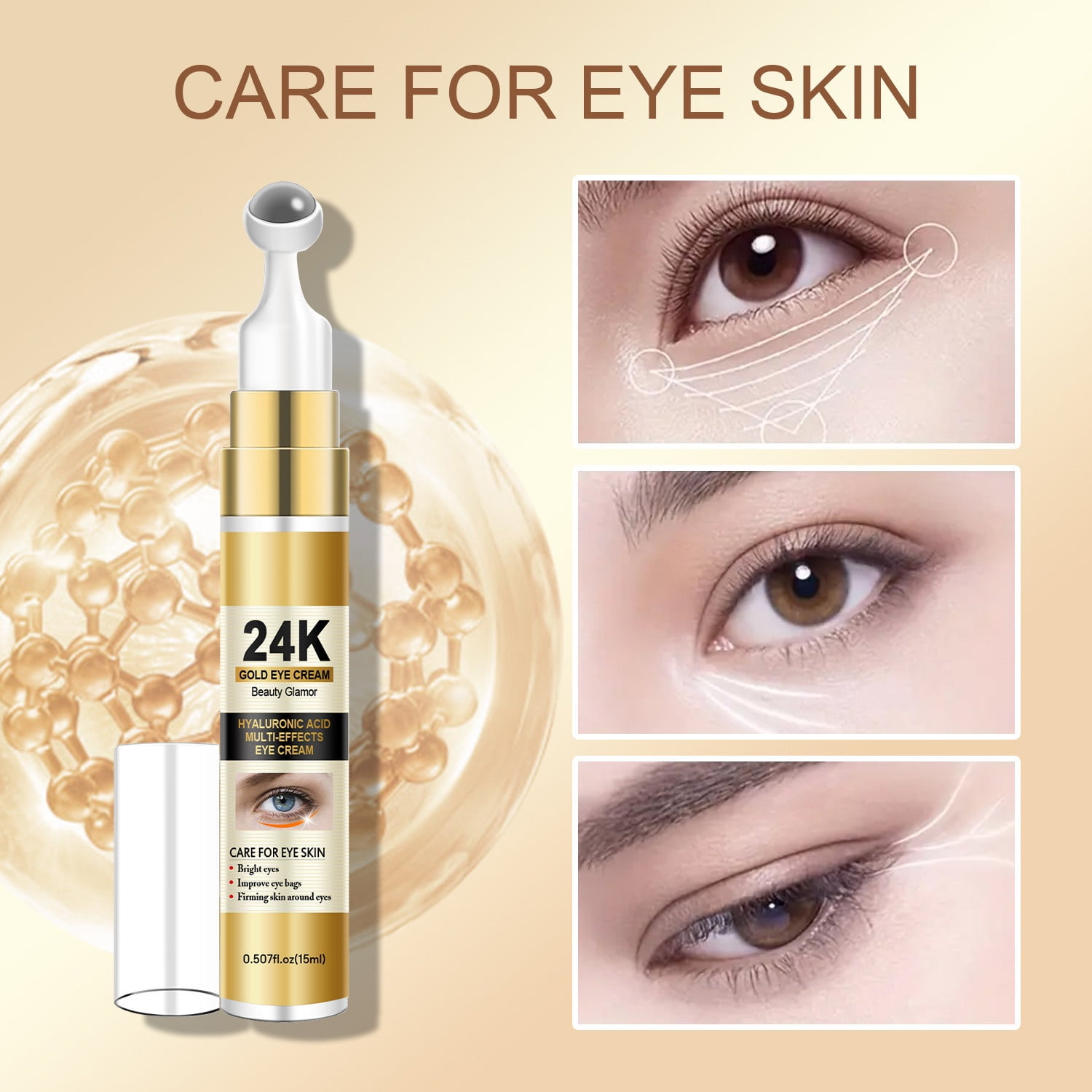 24K Gold Eye Cream with Roller Ball Applicator Reduces Fine Lines,Dark ...