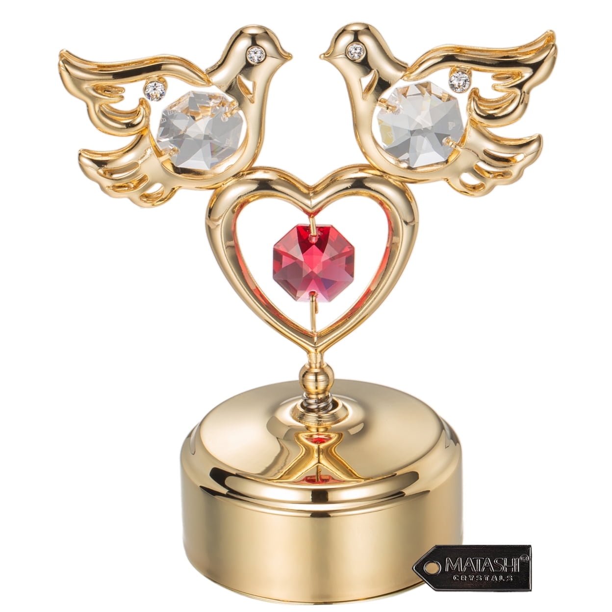 24K Gold Plated Music Box with Clear Crystal Studded Love Doves Red ...