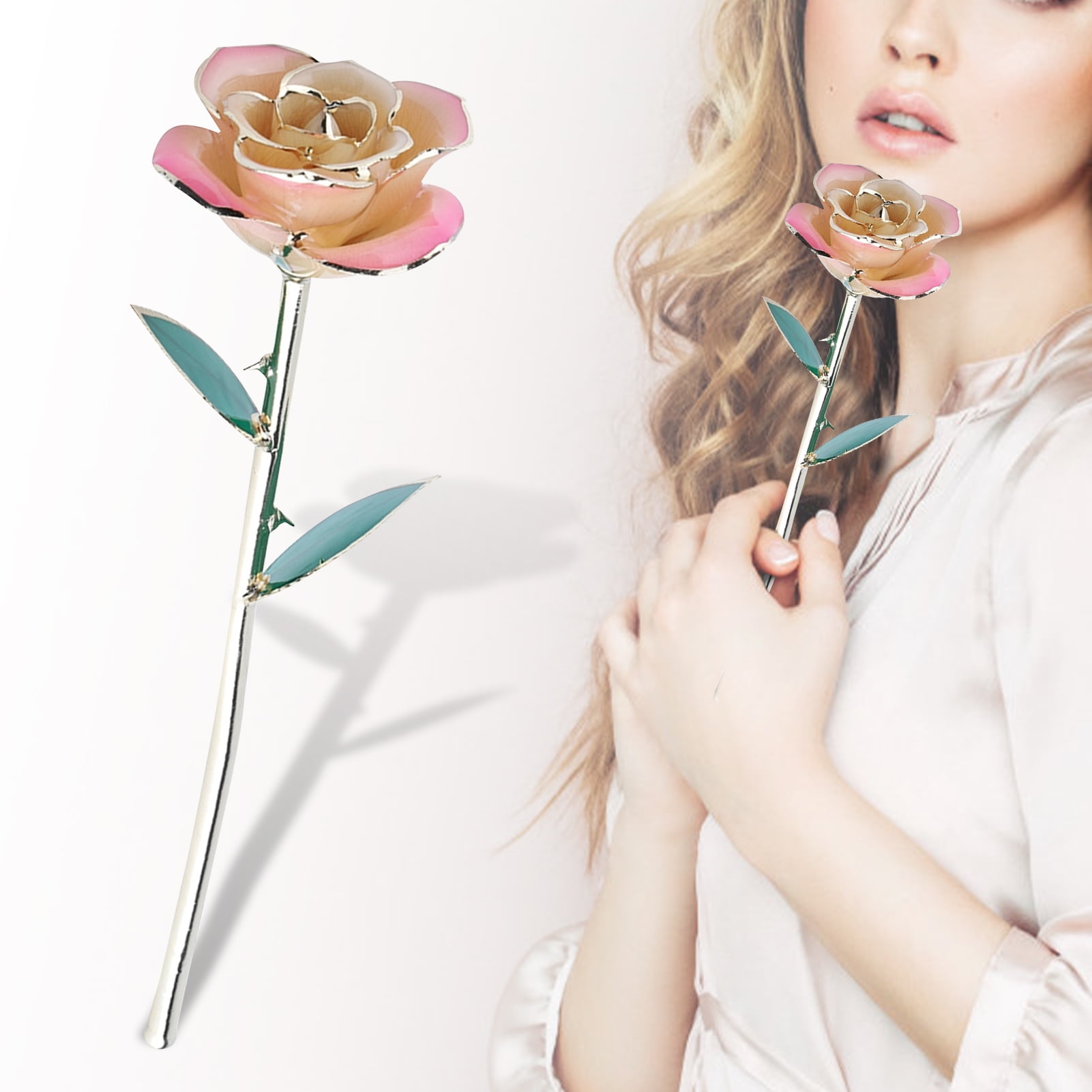 24K Gold Plating White Pink Rose, Everlasting Long Stem Green Leaf Rose ...