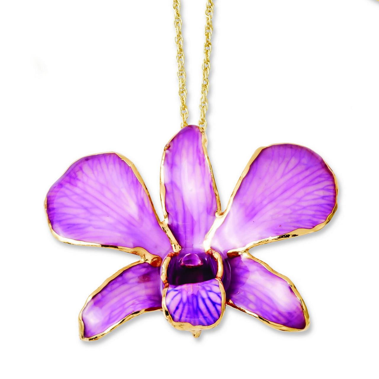 24K Gold-trim Lavender Dendrobium Orchid Pendant Jewelry, 20 inch Gold ...