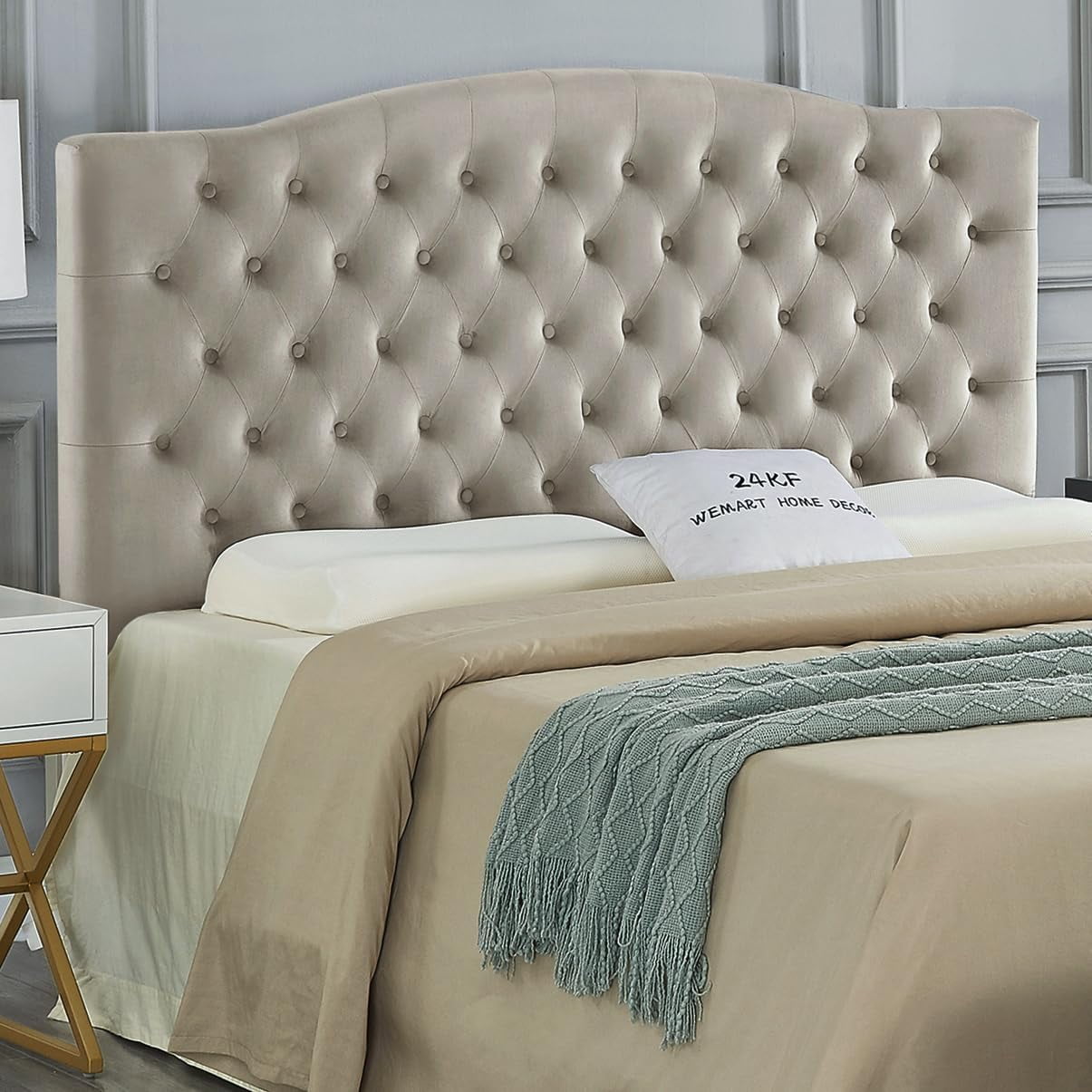 24KF Linen Upholstered Tufted Button Queen Headboard and Comfortable ...