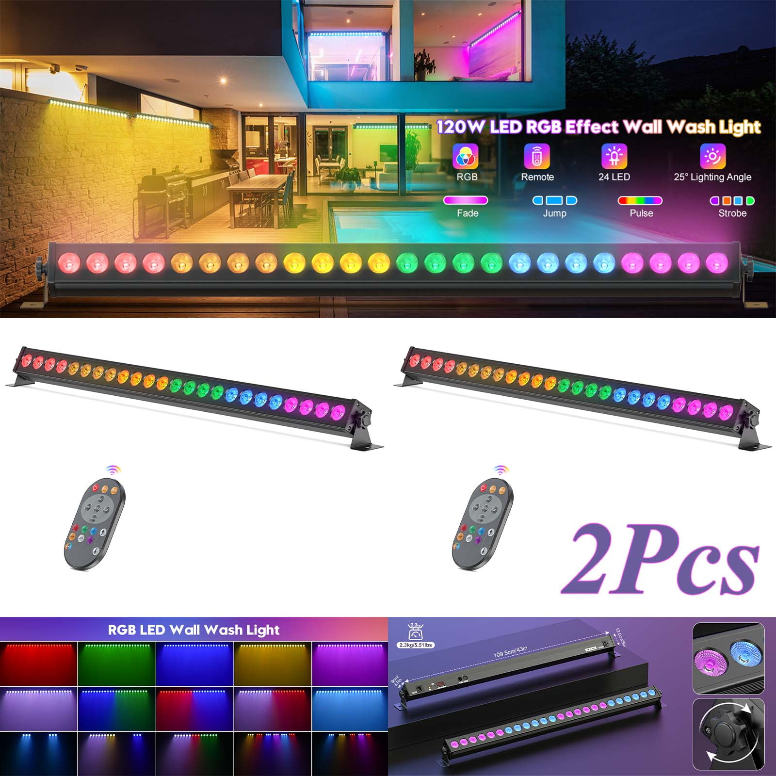 24LED Wall Washer Light with Remote, 120W DMX RGB Chase Light, Color ...