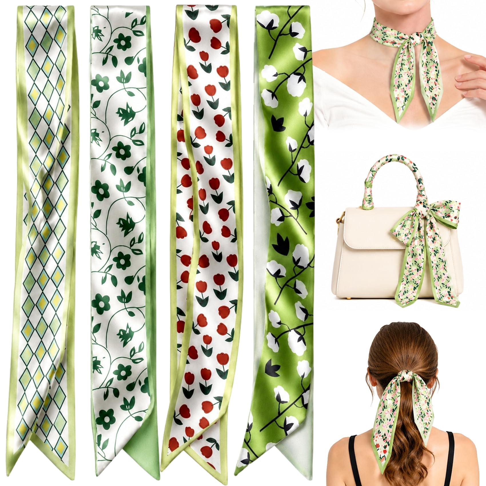 24PACK Women's Fashion Scarves, 34.5" Multi Use Silk Purse Scarf ...