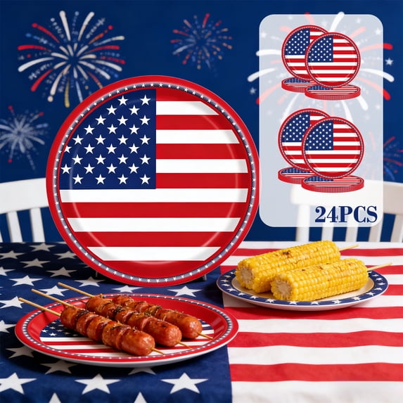 24PC 9in Large Patriotic Paper Plates Set - Food-Grade Paper ...