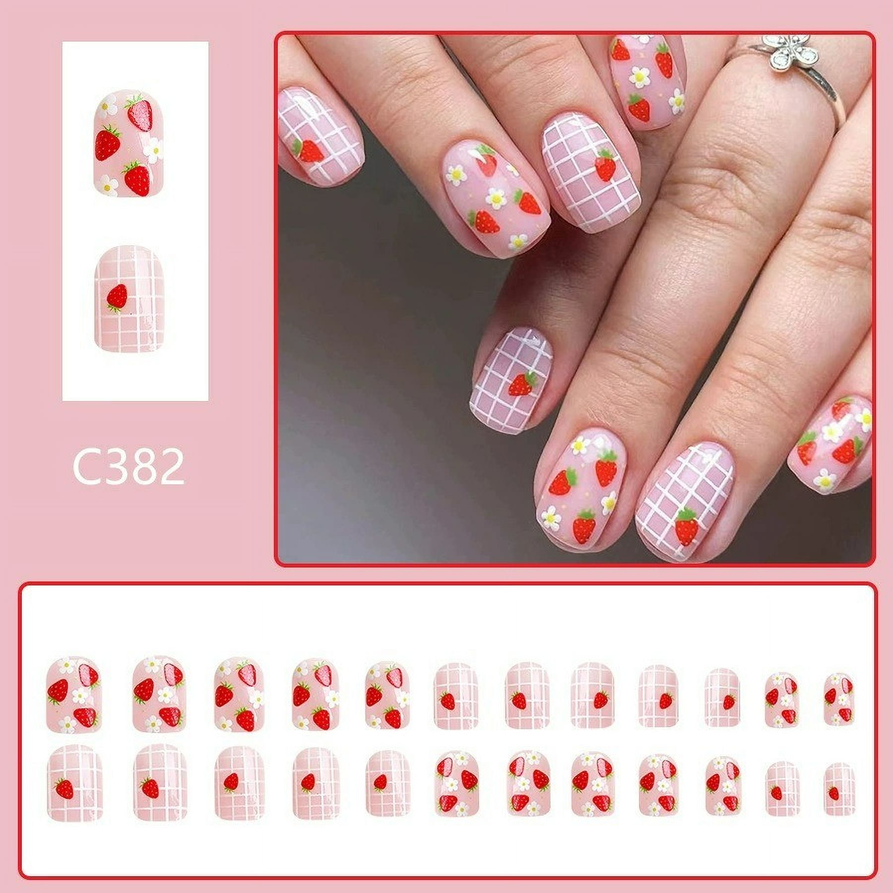 24PC Strawberry Color Press-On Nails - Sweet & Stylish Fake Nails with ...